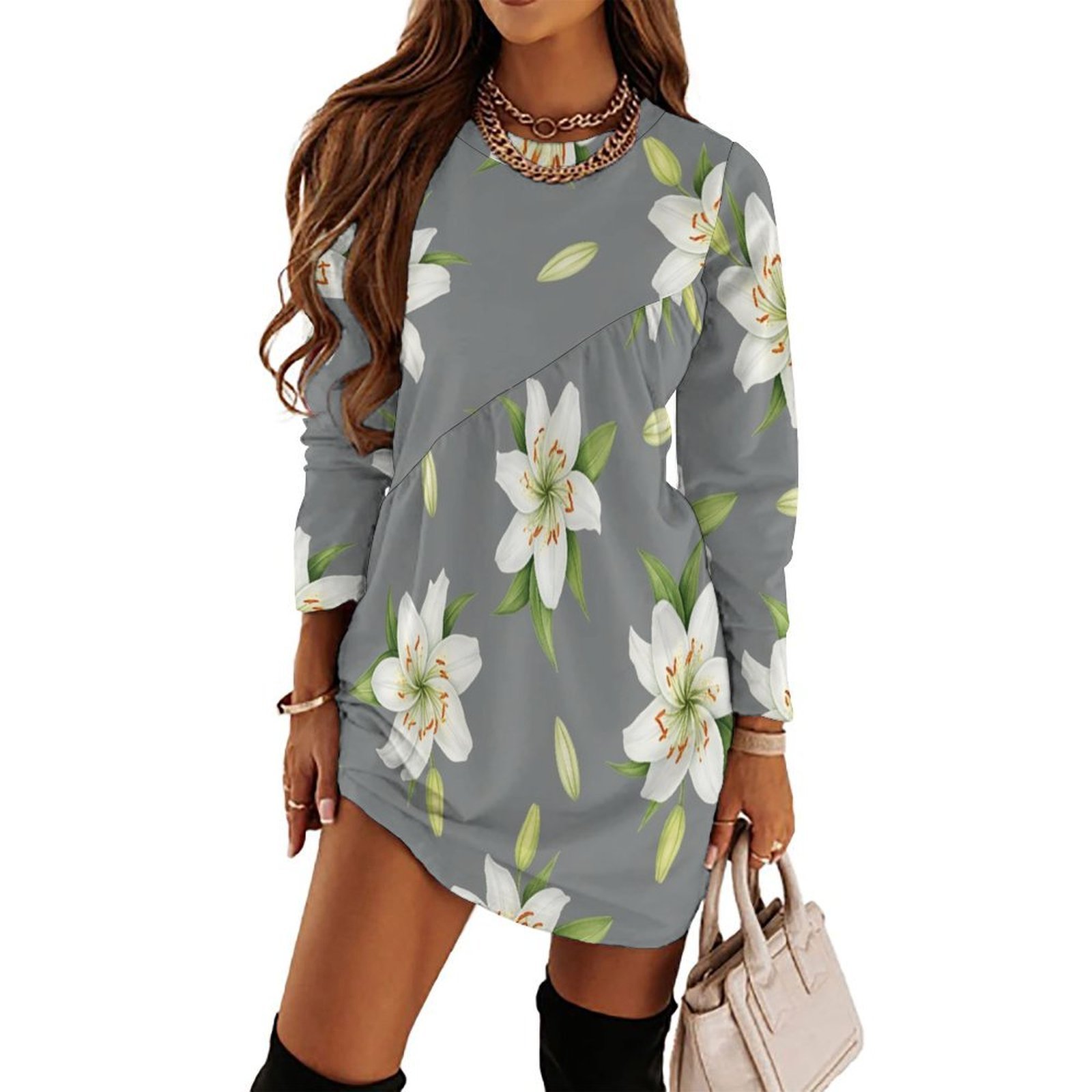 White Lily Floral Pattern Loose Dress Evening Dress Summer Dresses for ...