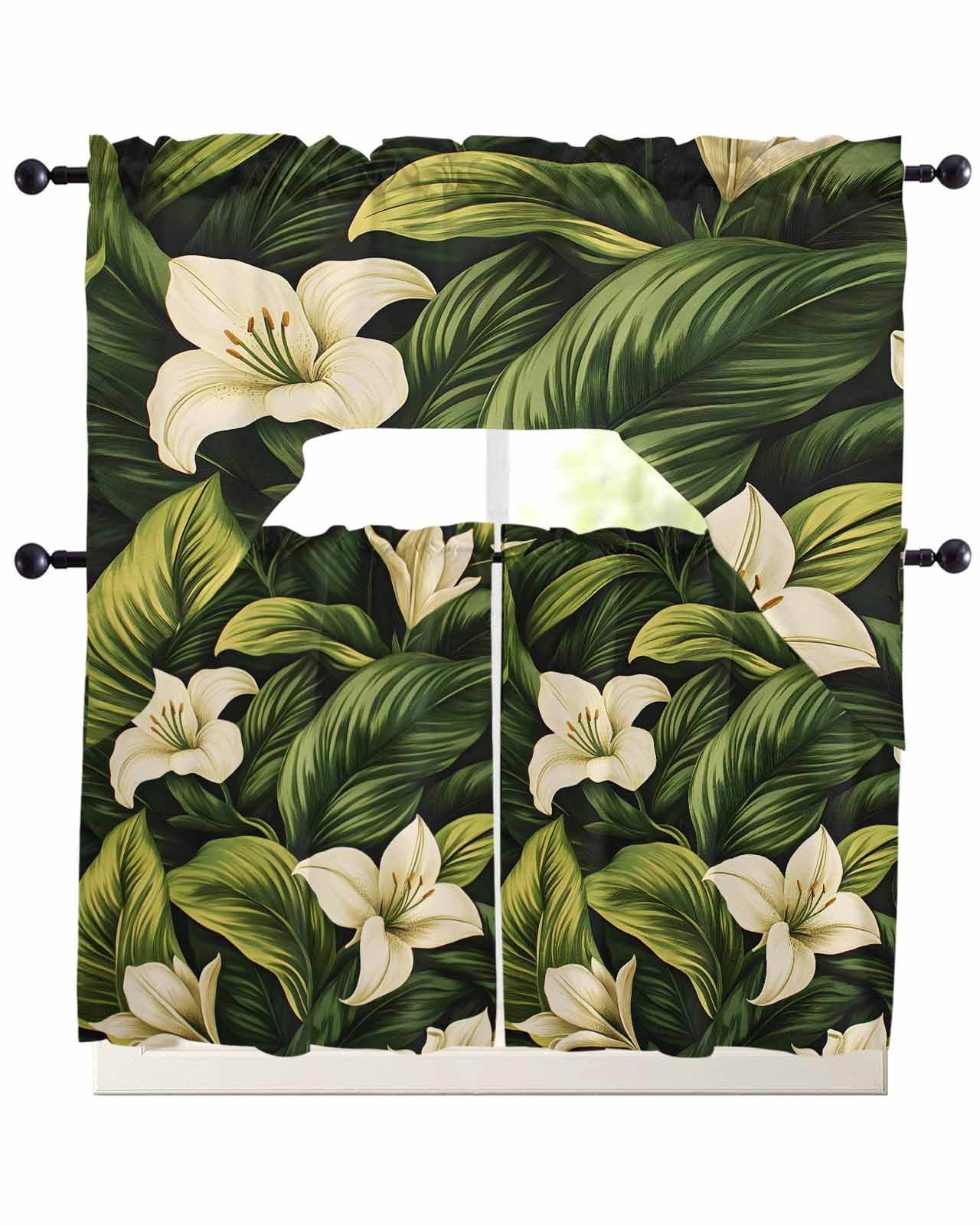 White Lily Flower Kitchen Curtains Swag Valance and Tier Curtains Set 36 Inch Length, Tropical ...