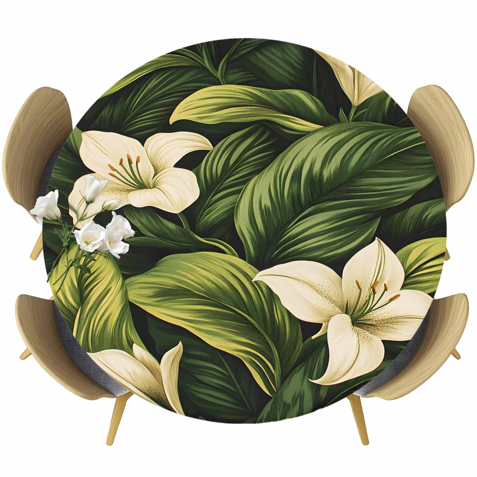 White Lily Flower Round Tablecloth 55-60 Inch Round Fitted Table Cloth ...