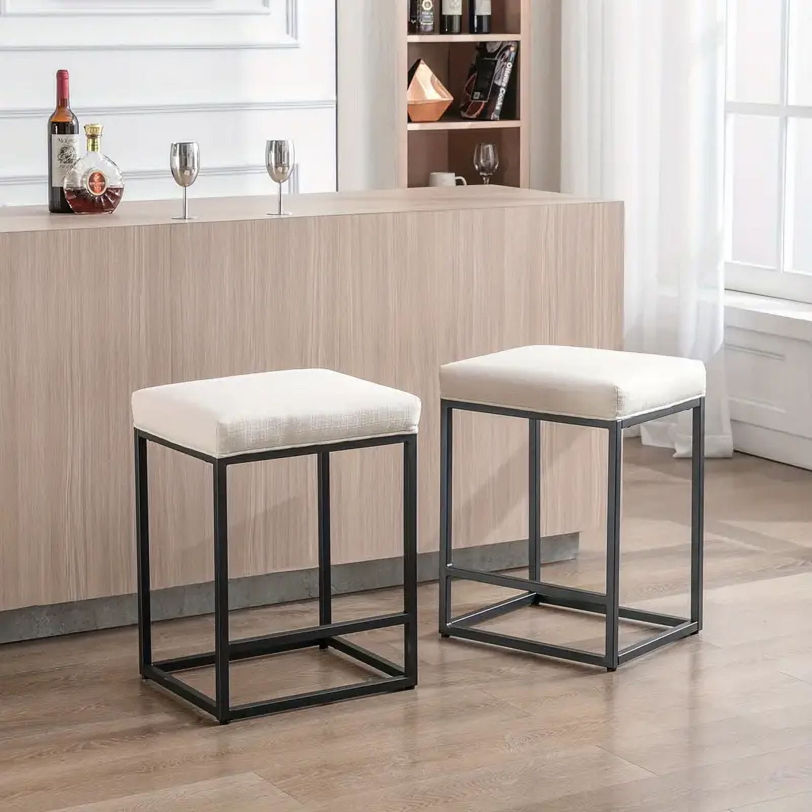 White Linen 24 Inch Counter Height Bar Stools with Footrest, Modern Mid ...