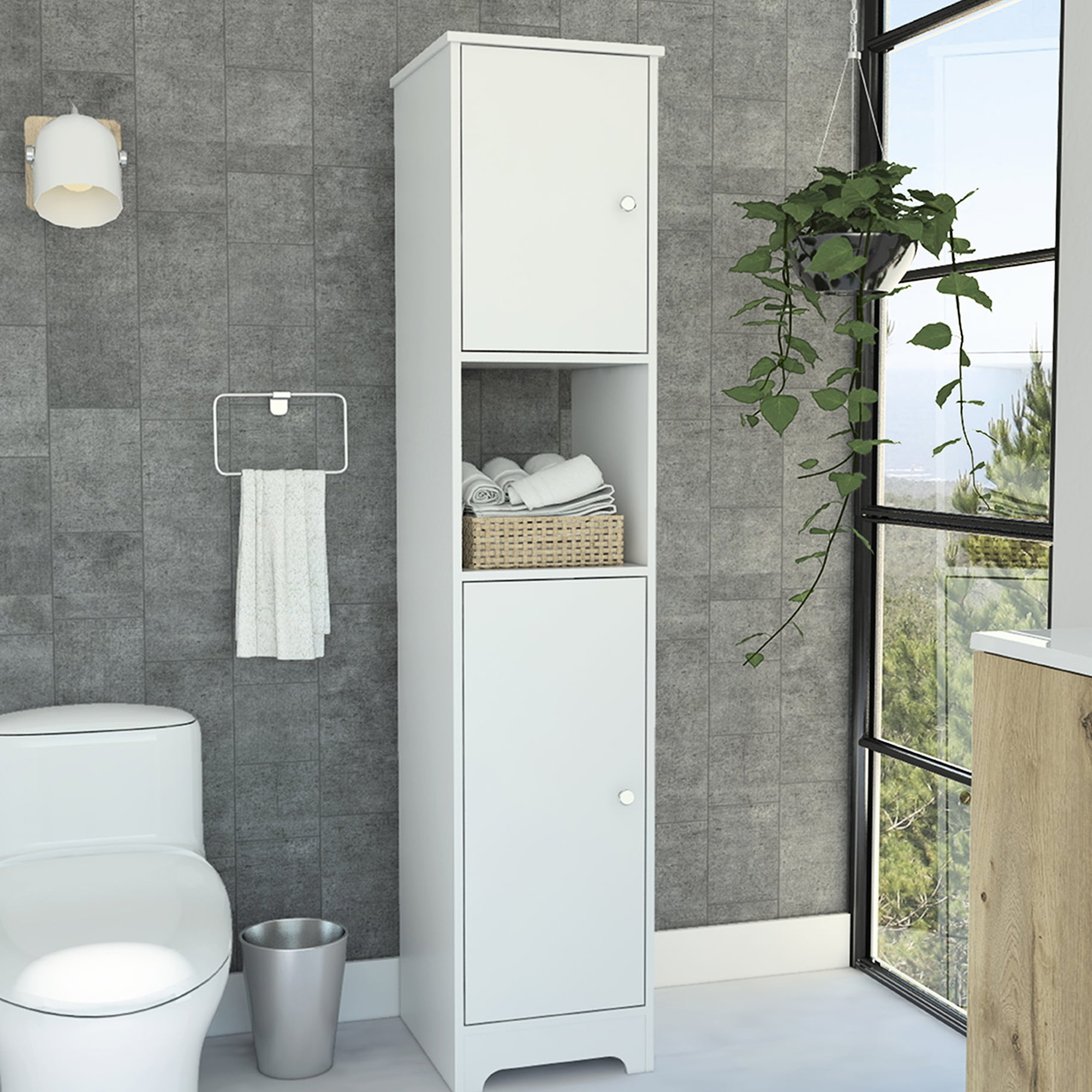 White Linen Cabinet With Double Doors And Four Interior Shelves ...