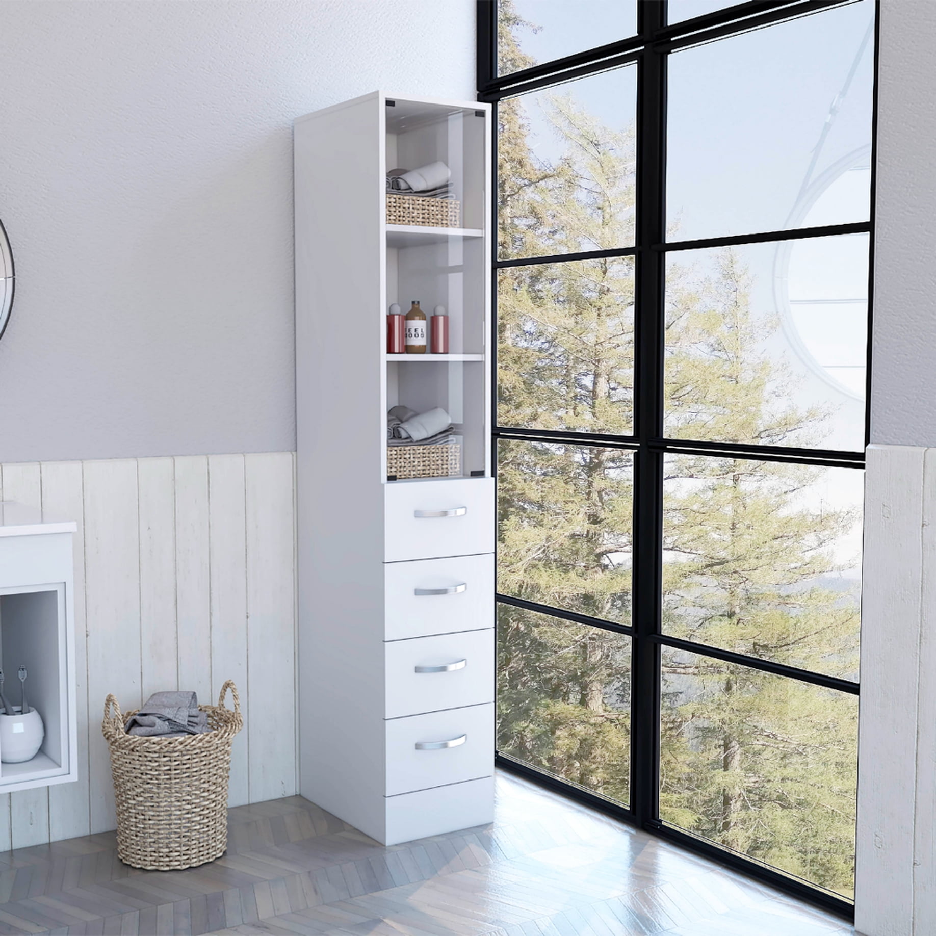 White Linen Cabinet Featuring Three Shelves, Single Door, Particle Board Material With Shelves ...