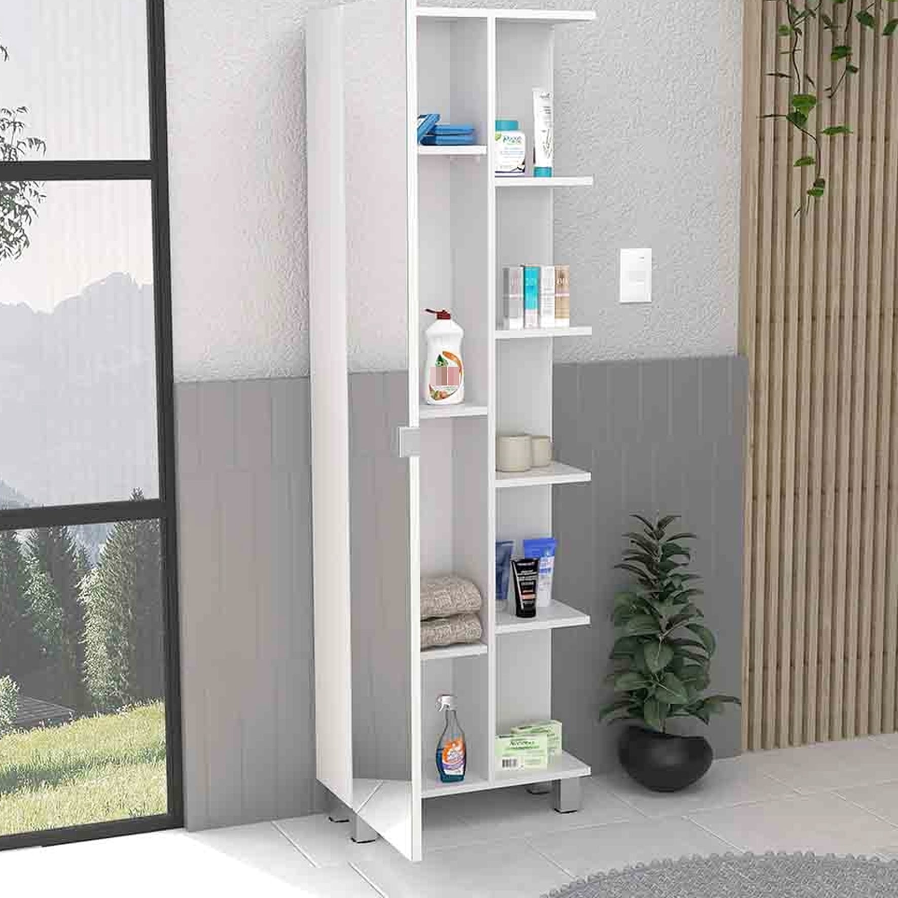 White Linen Cabinet with Mirrored Door+Adjustable Shelving”-“Bathroom ...
