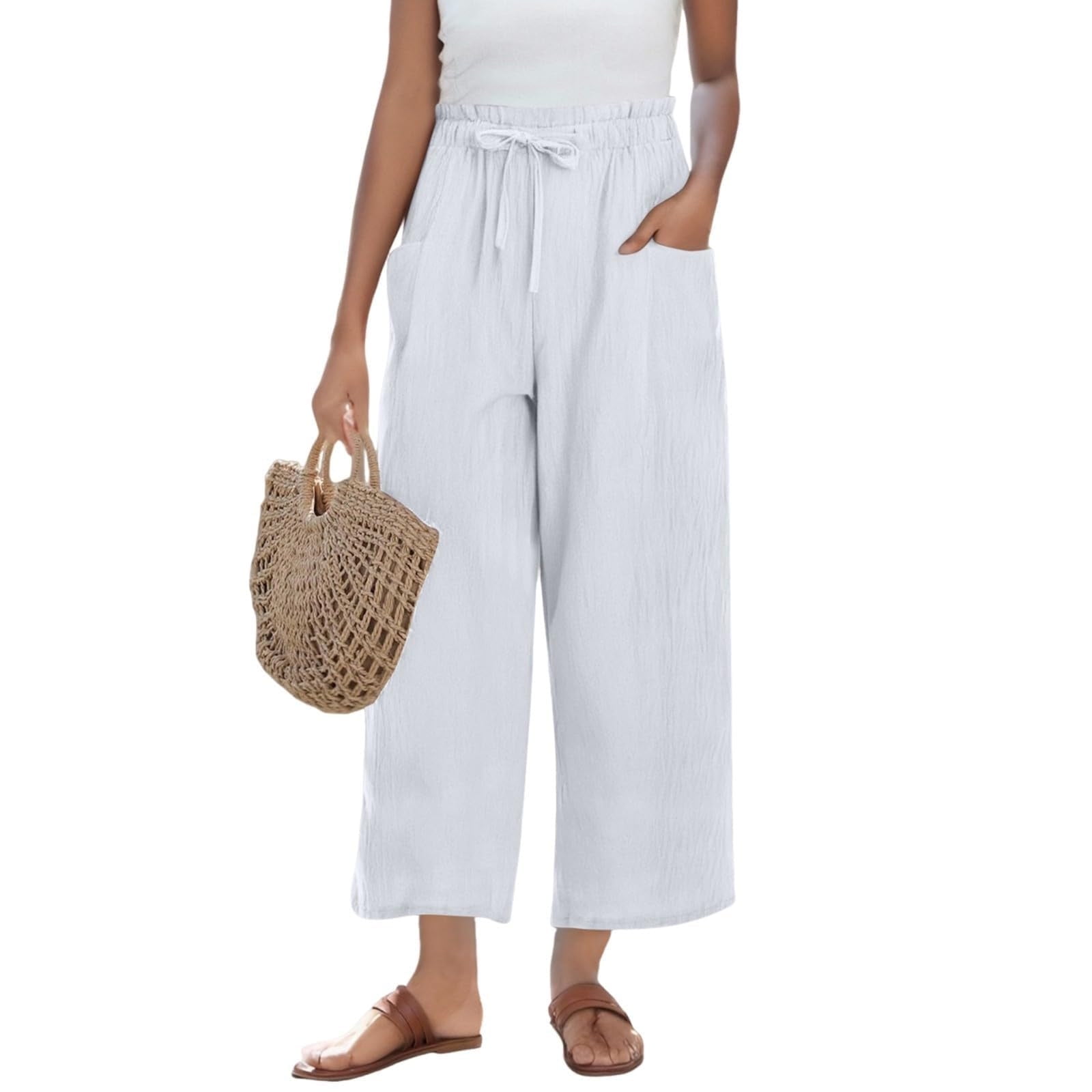 White Linen Capri Pants Women Work Elastic Wide Leg Stretch Cropped ...