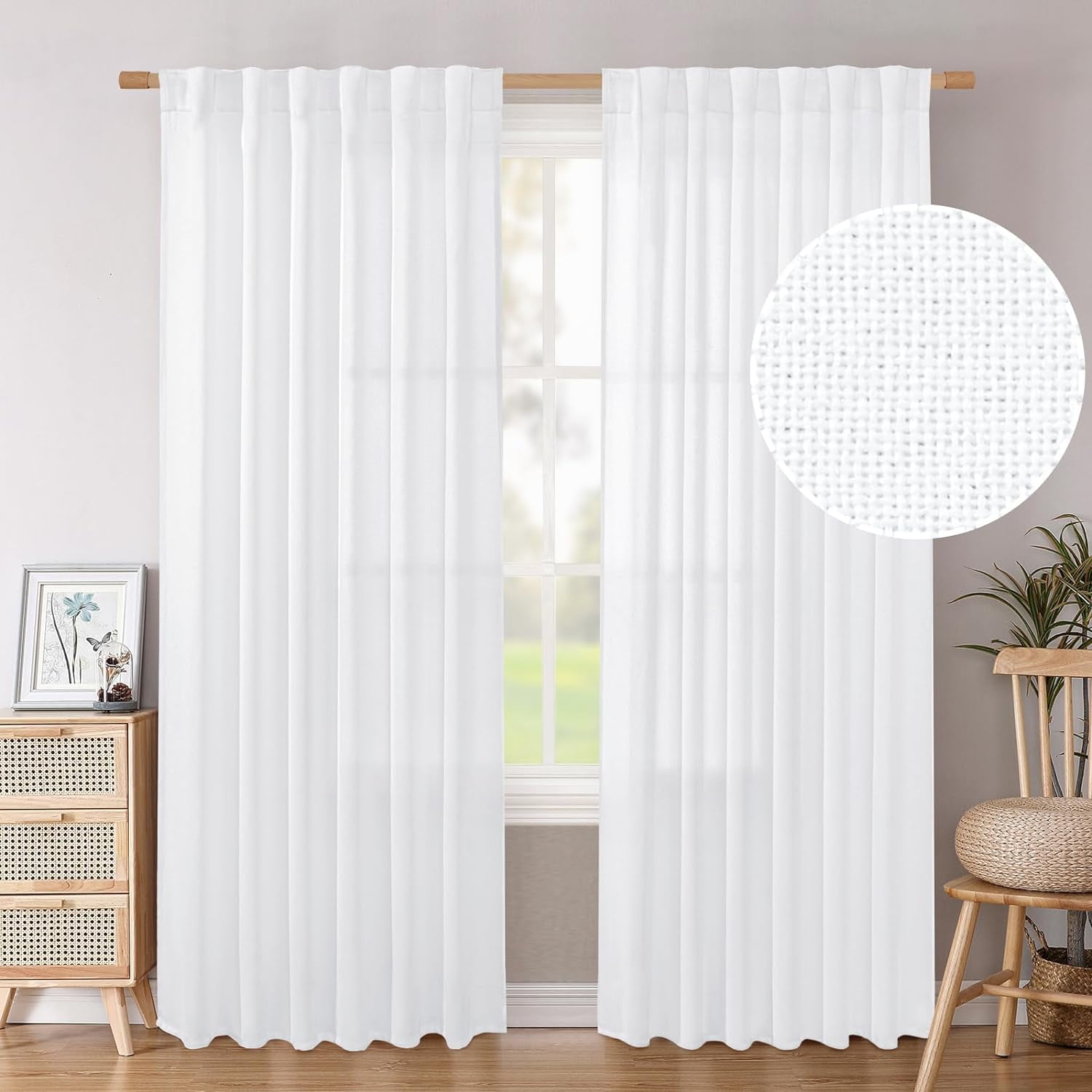 White Linen Curtains 84 Inch Length 2 Panels Rod Pocket, Semi Sheer ...