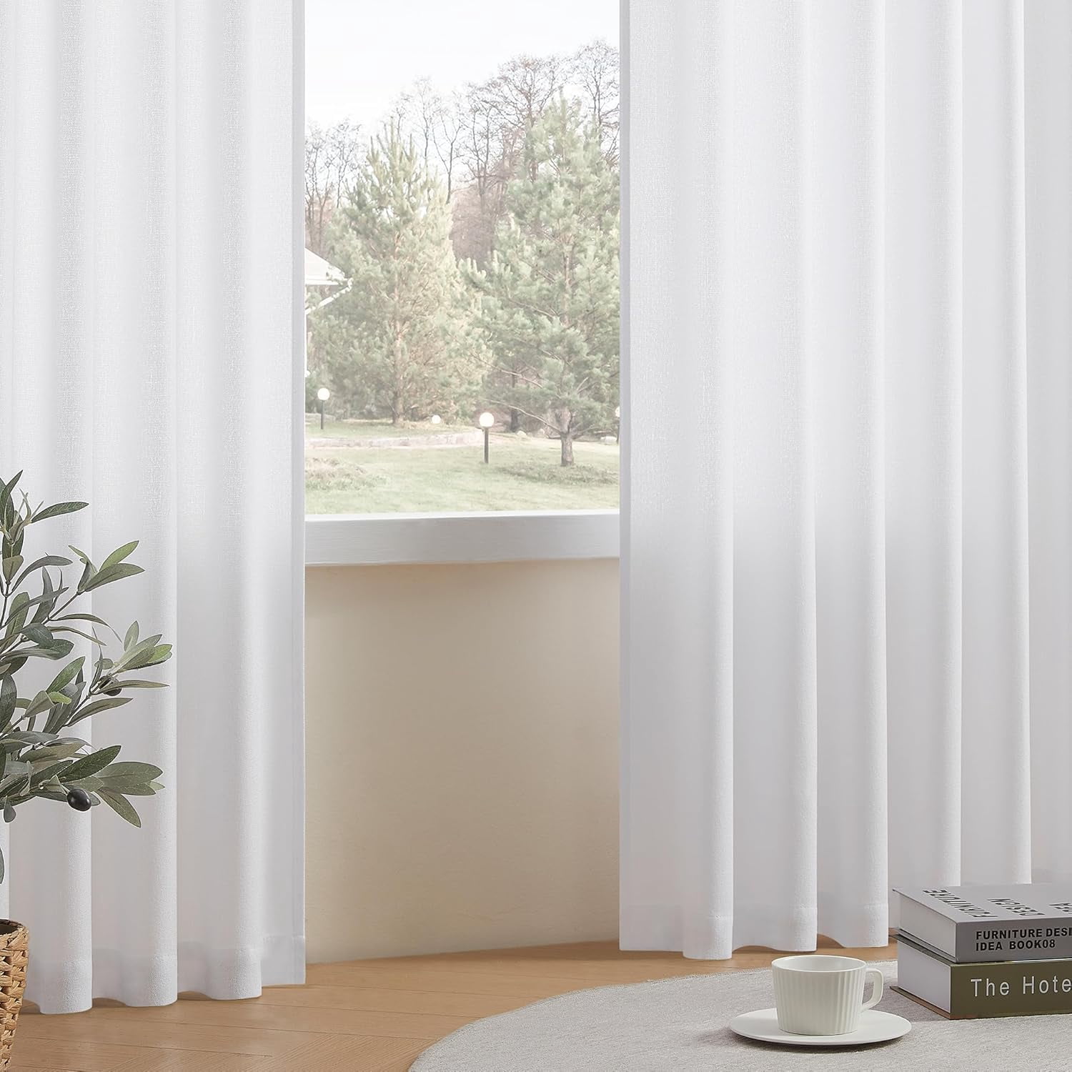 White Linen Curtains 96 Inches Long with 2 Panels for Living Room or ...