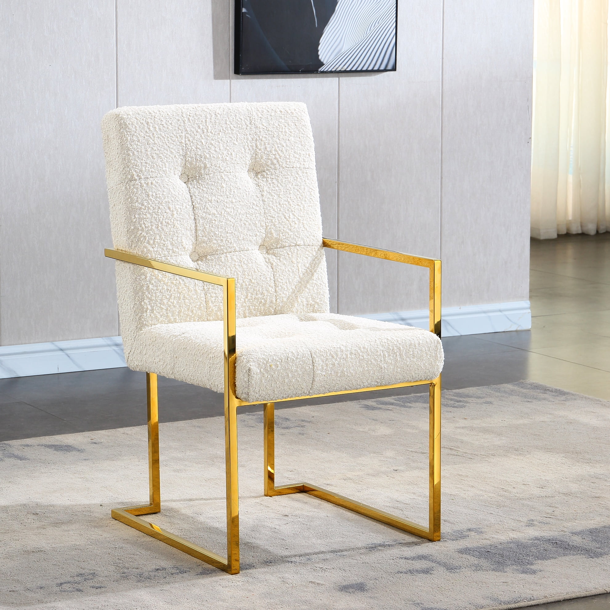 White Linen Dining Chair With Contemporary Gold Base Arm For Room ...