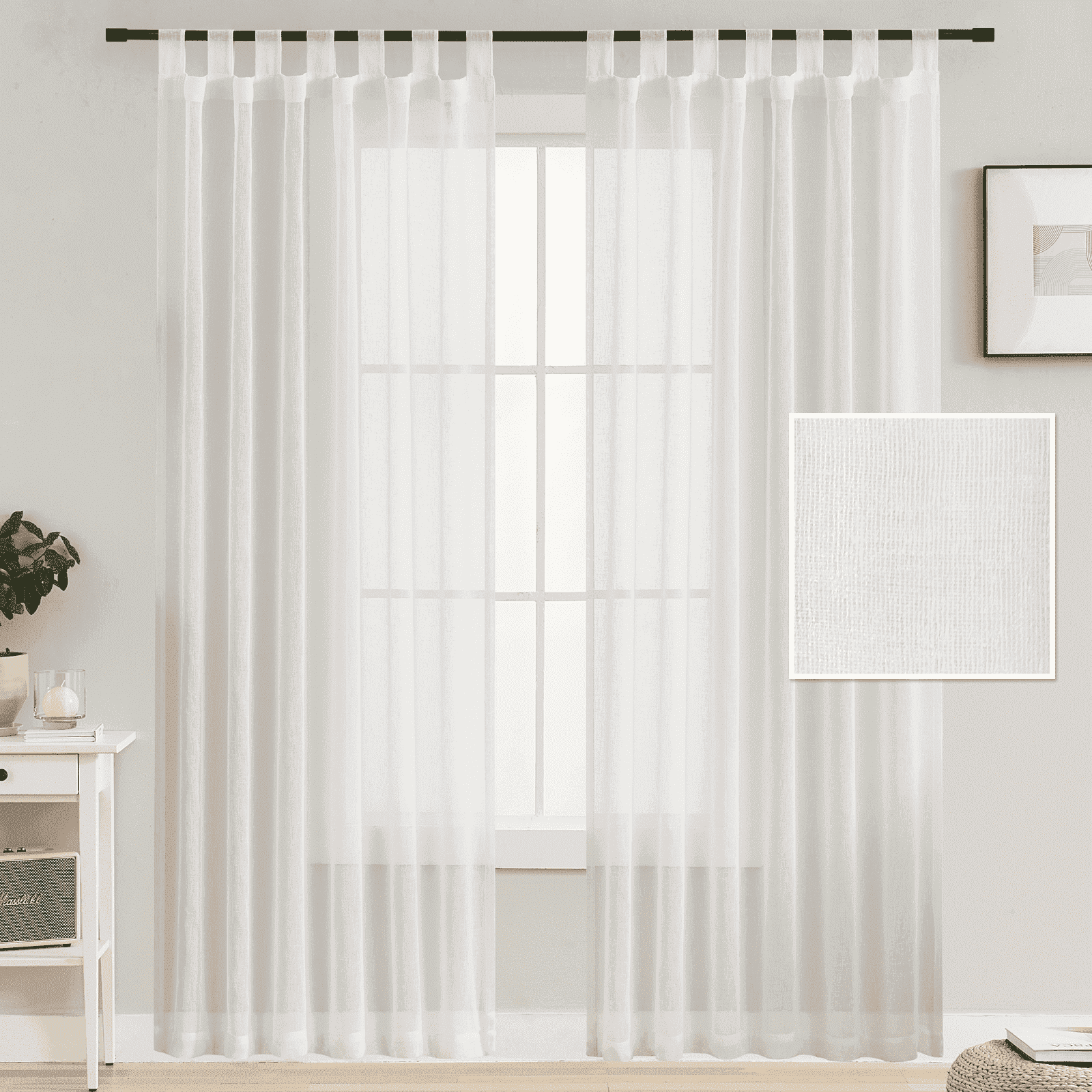 White Linen Sheer Curtains 2 Panels Blended Curtains for Living Room ...