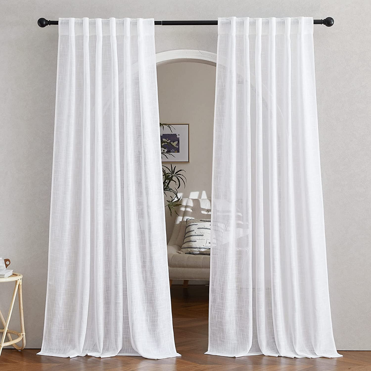 White Linen Sheer Curtains and Drapes 84 inches Long, Rod Pocket & Back ...