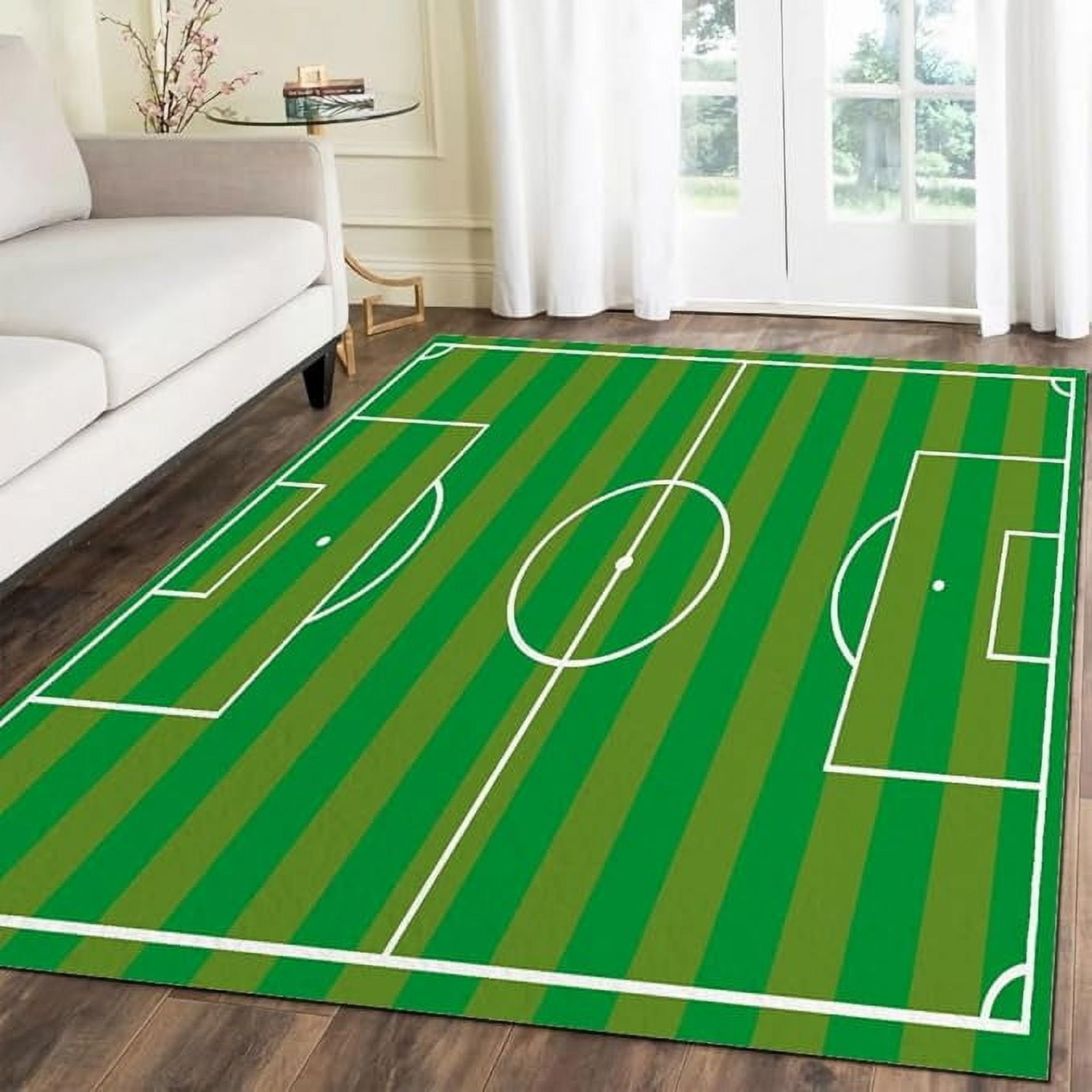 White Lines Football Field Area Rug, Green Stadium Children Rug, Non ...
