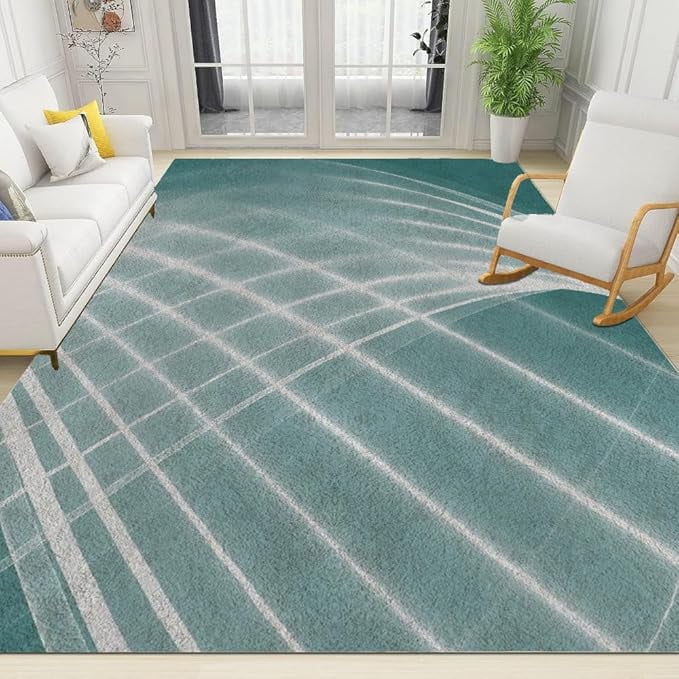White Lines Washable Area Rug, Green Minimalist Style Rug For Living ...