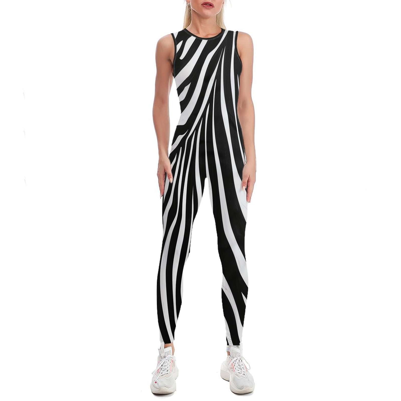 White Lines Zebra Pattern Women's One Piece Yoga Jumpsuits Leggings ...