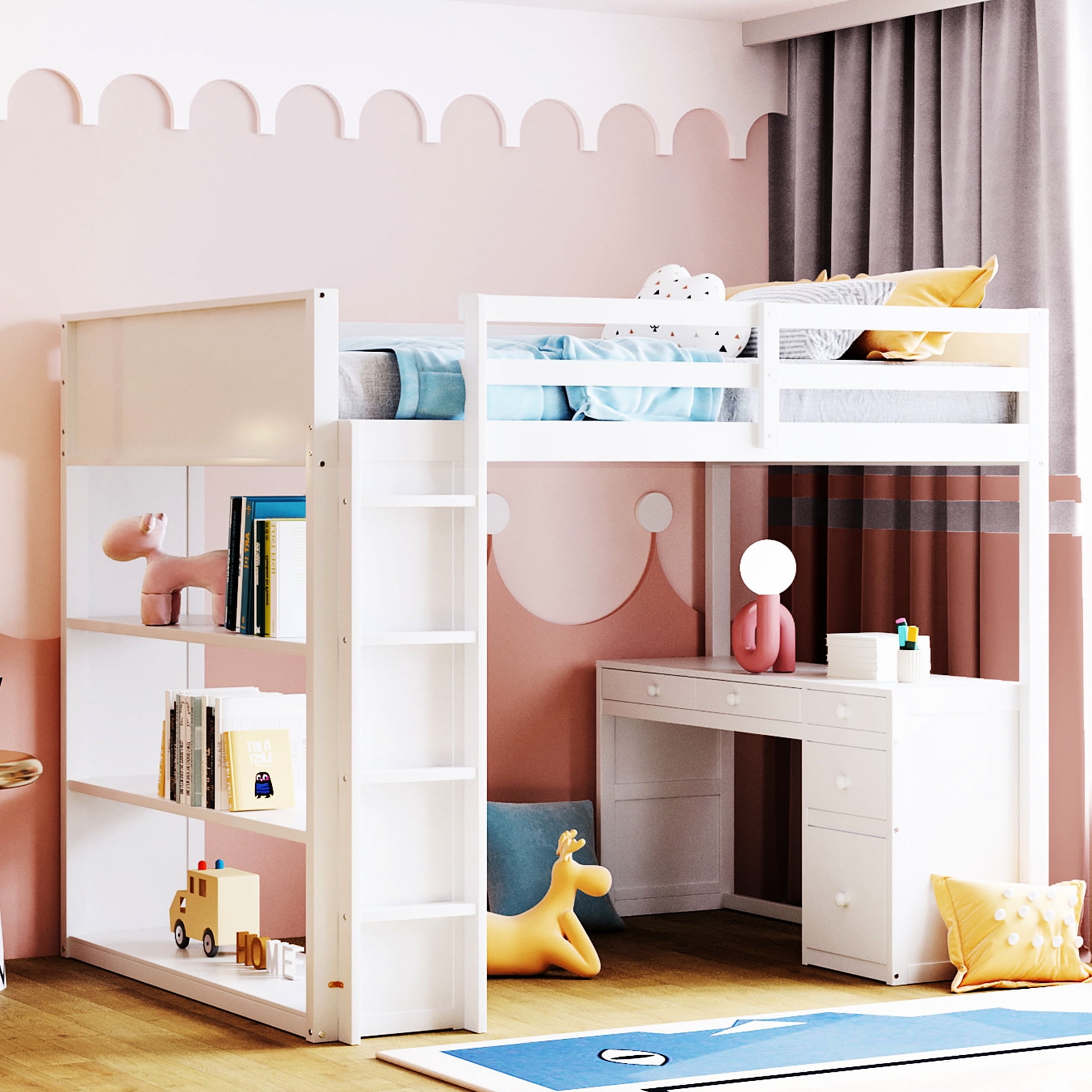 White Loft Bed With , Shelves, And Desk - Functional Stylish Solid Wood ...