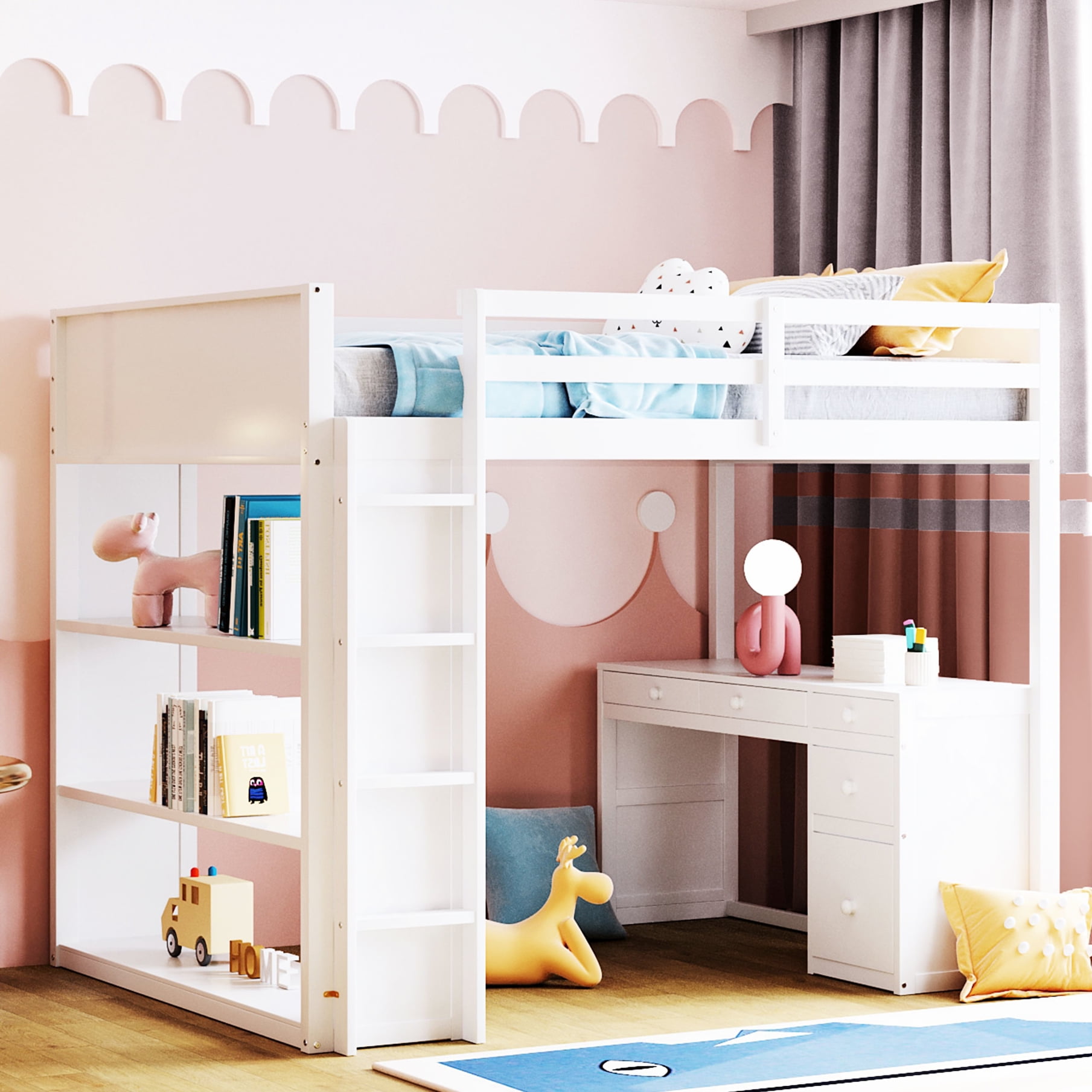 White Loft Bed With , Shelves, And Desk - Space Saving Bedroom Option ...