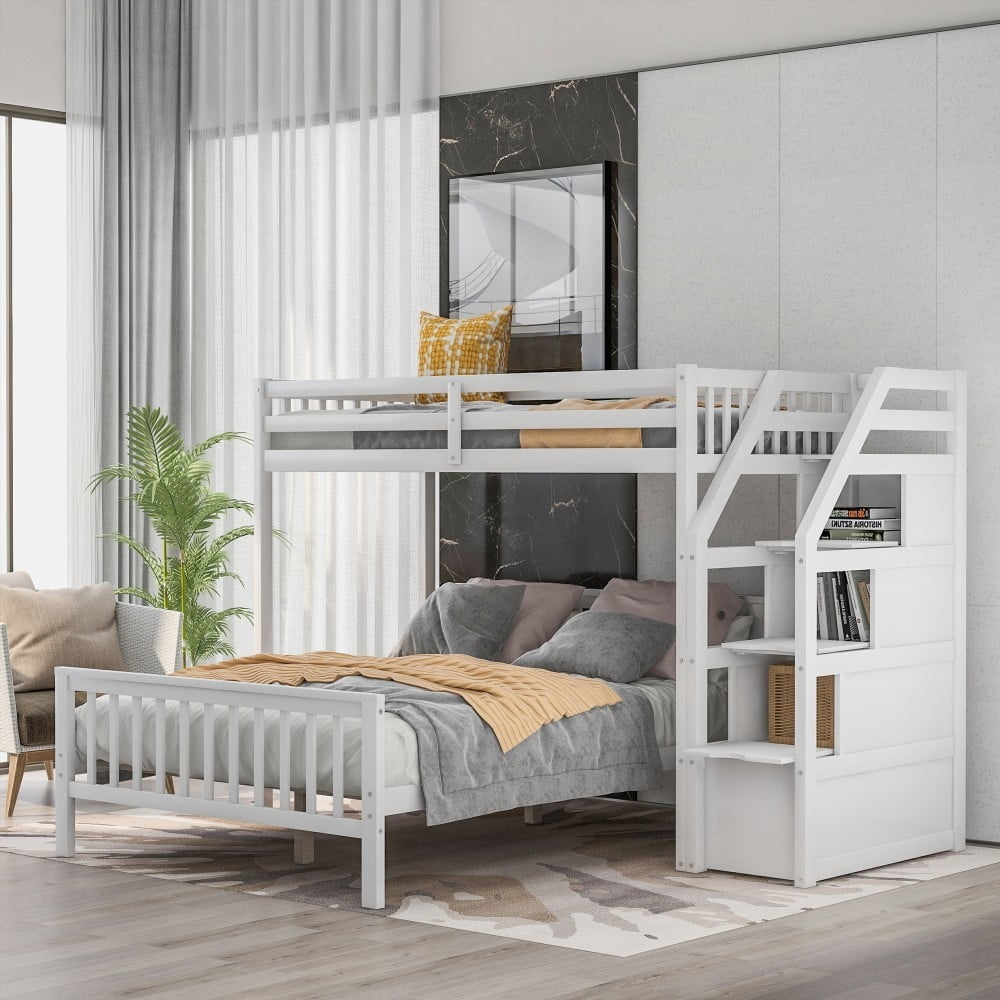 White Loft Bed (Twin over Full) Having High Guardrails & Ladder ...
