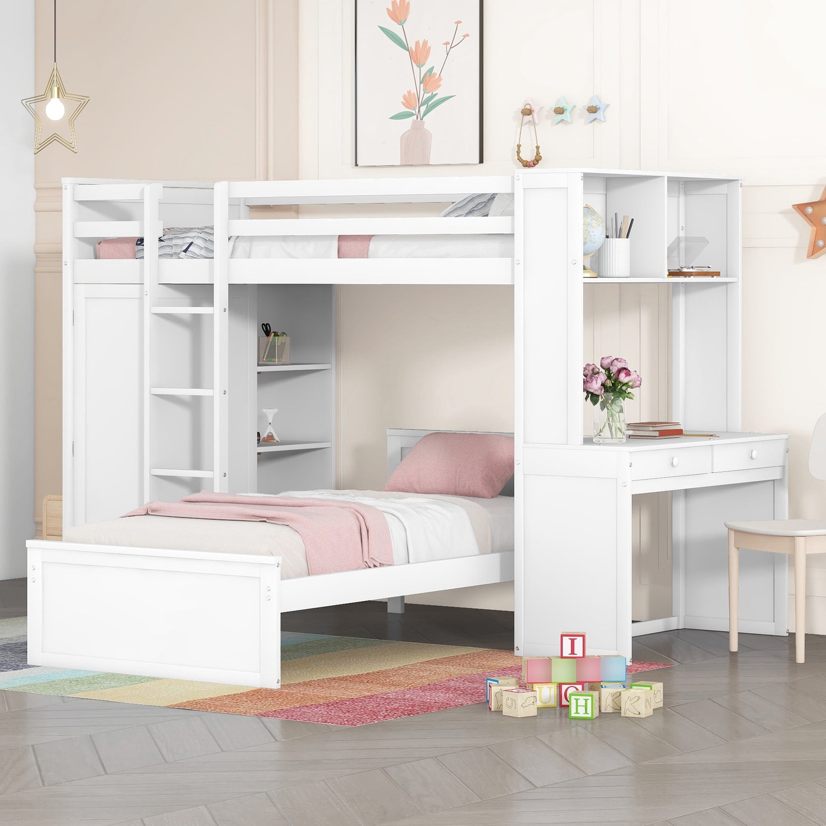 White Loft Bed with Stand - alone Bed and Shelves / Create Extra Rest ...