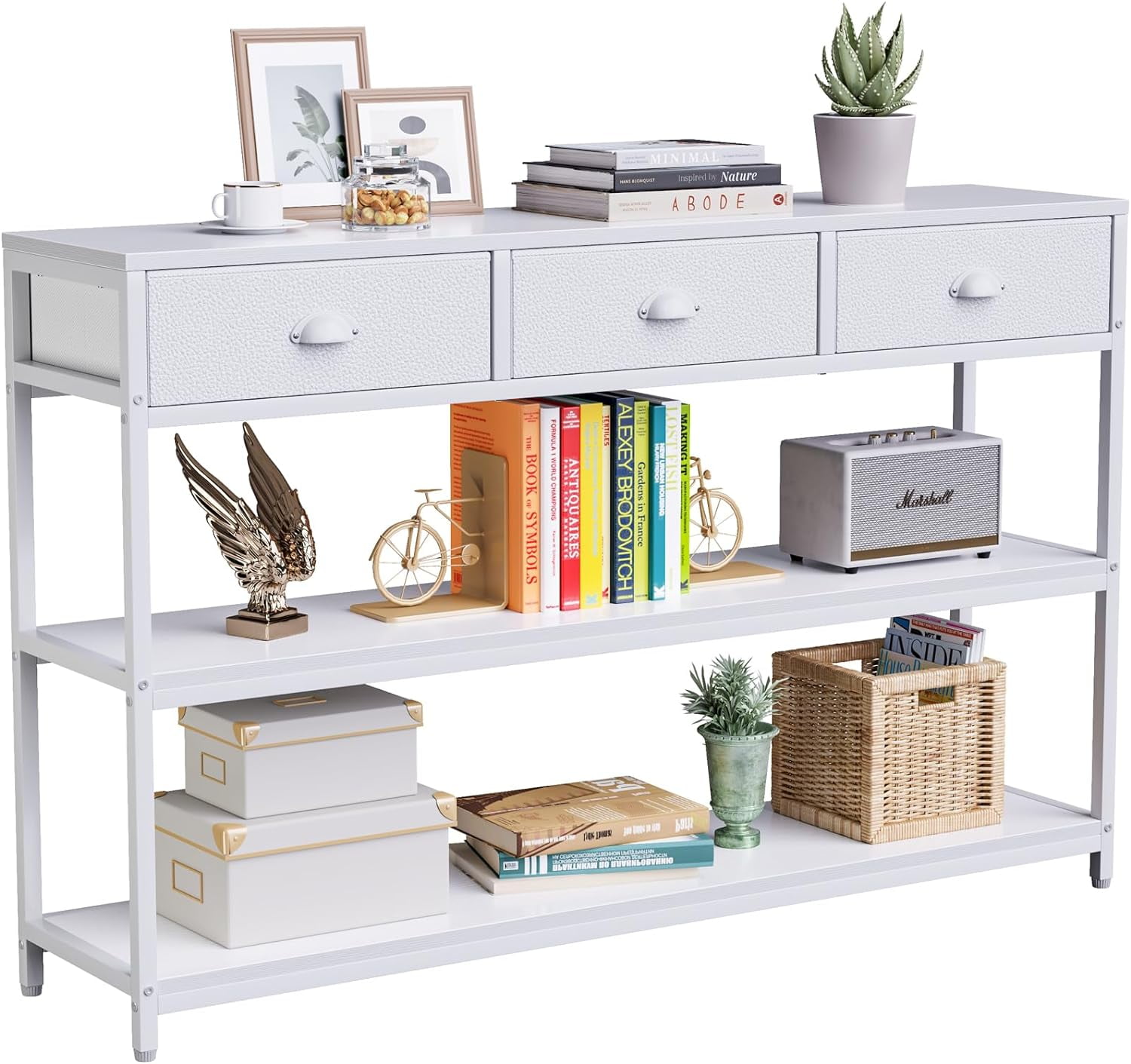 White Long 47" Console Sofa Table with 3 Drawers, Entryway Table with 3 ...