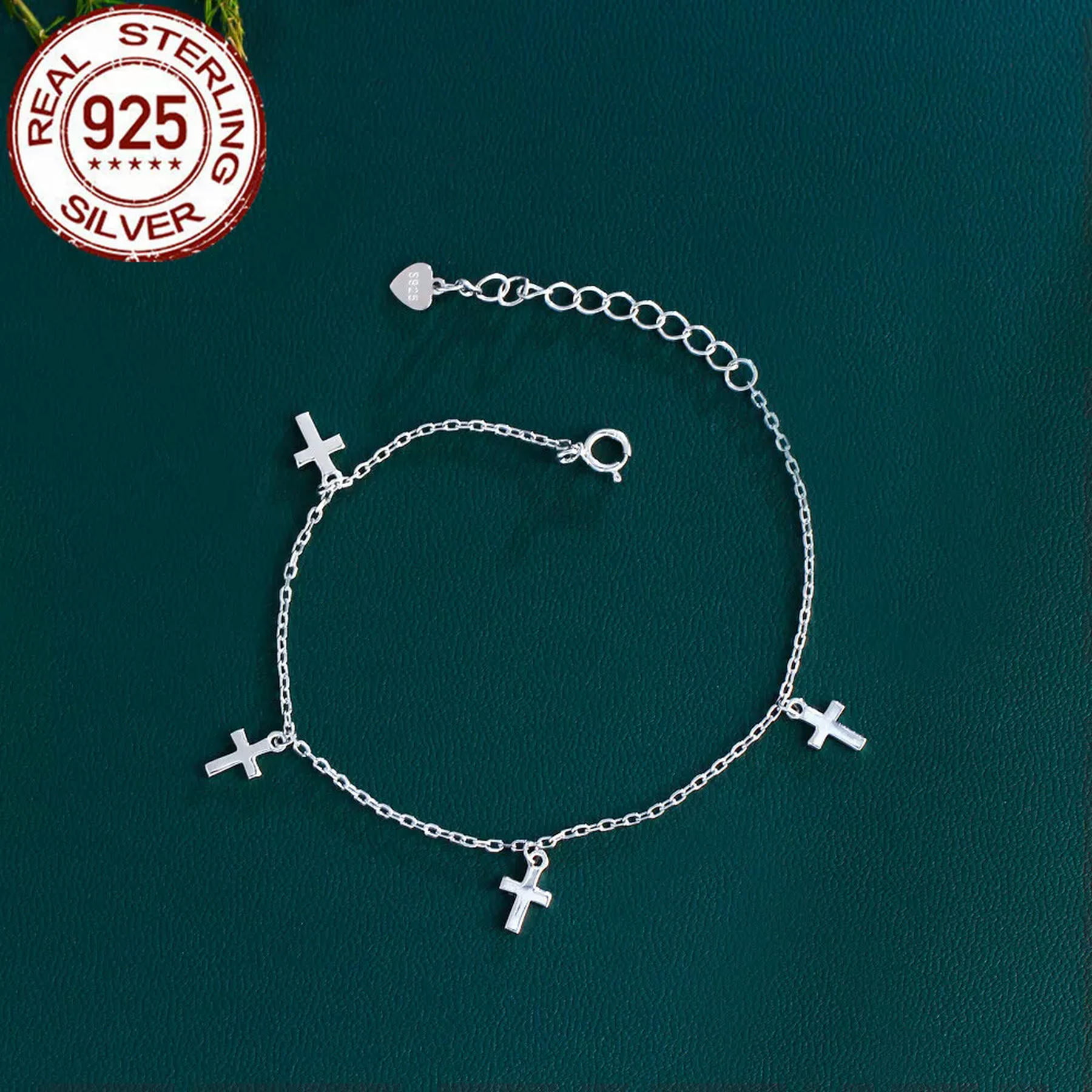 White Long Cross Charm Chain Link Bracelet 925 Sterling Silver for ...