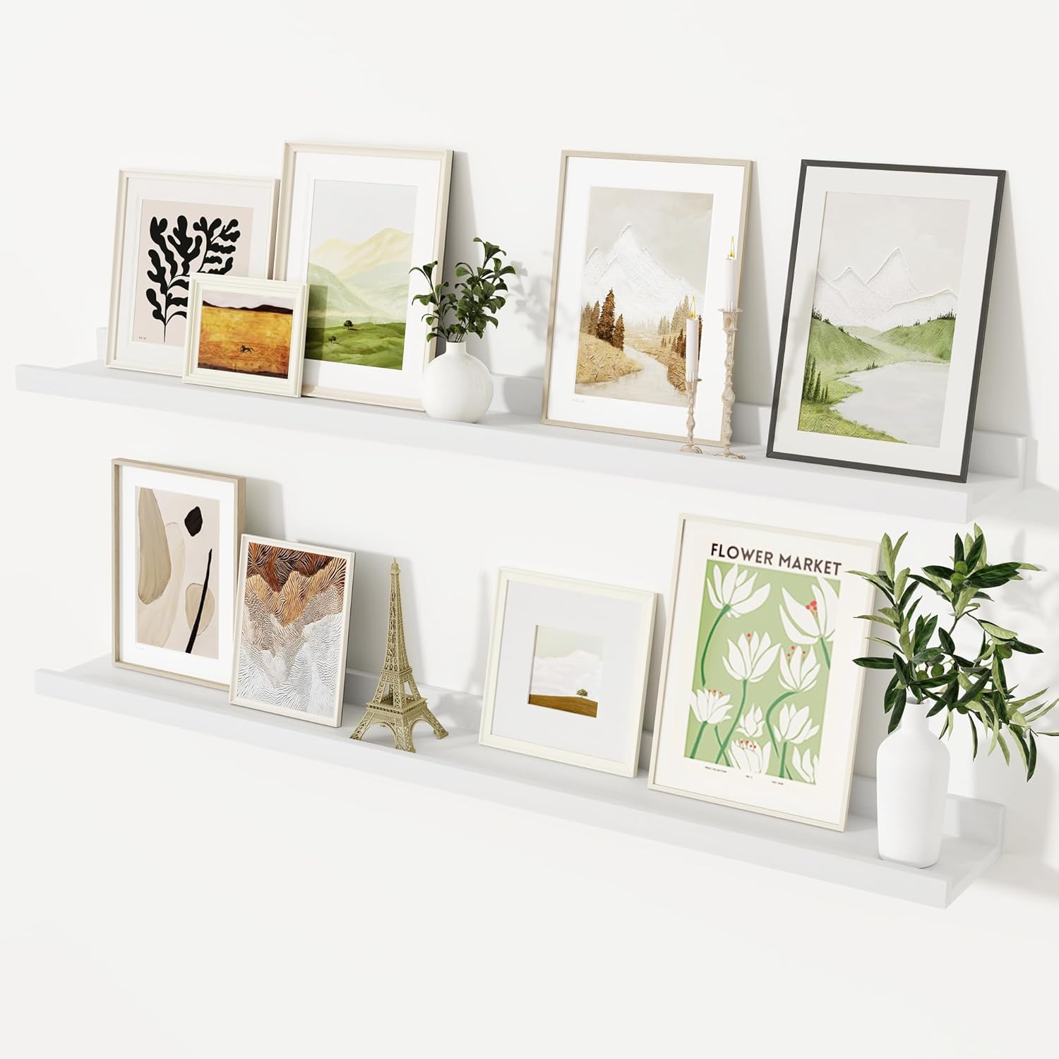 White Long Picture Shelves for Wall with Ledge, Solid Wood Floating ...