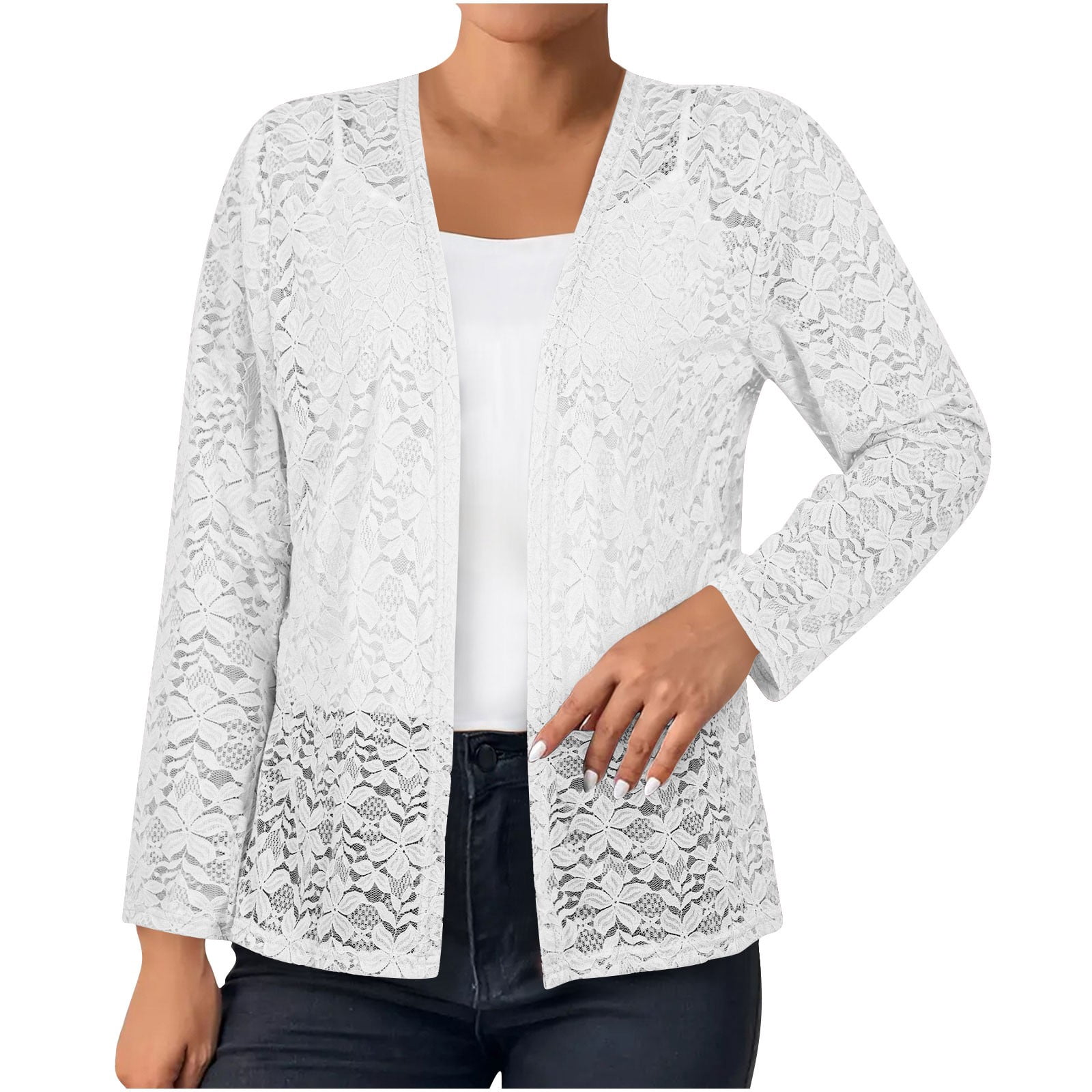 White Long Sleeve Tops for Women Fall Winter Lace Spandex Casual Cut ...