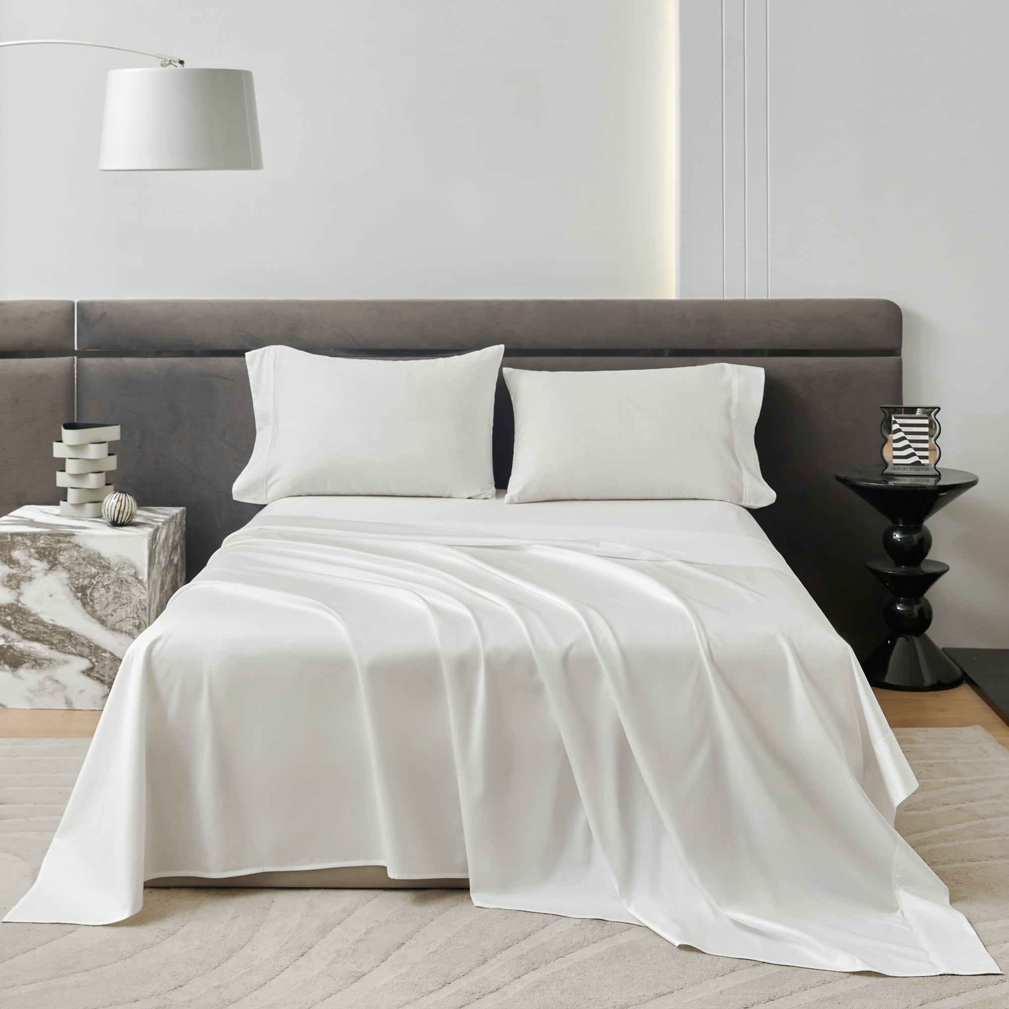 White Long Stape Cotton 4pc Sheets Set Queen Size Bedding Home Hotel ...