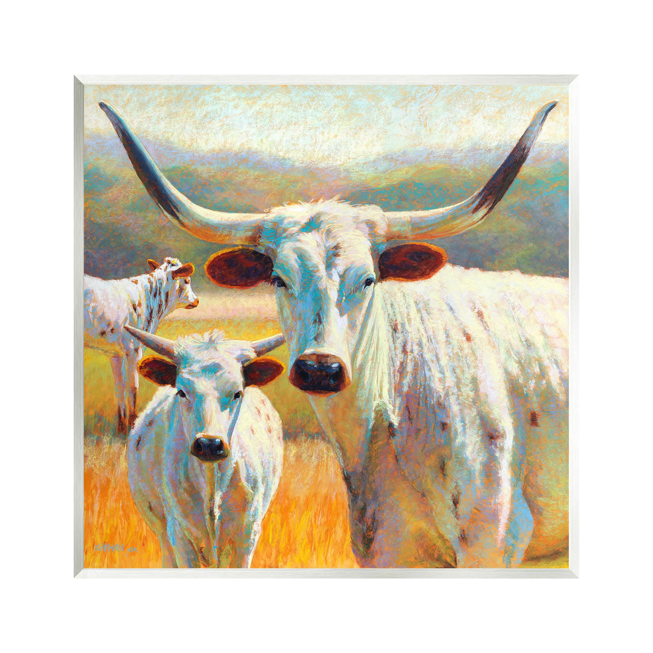 White Longhorn Cattle Painting - Farm Animals Art Print - 12x12 Inches ...