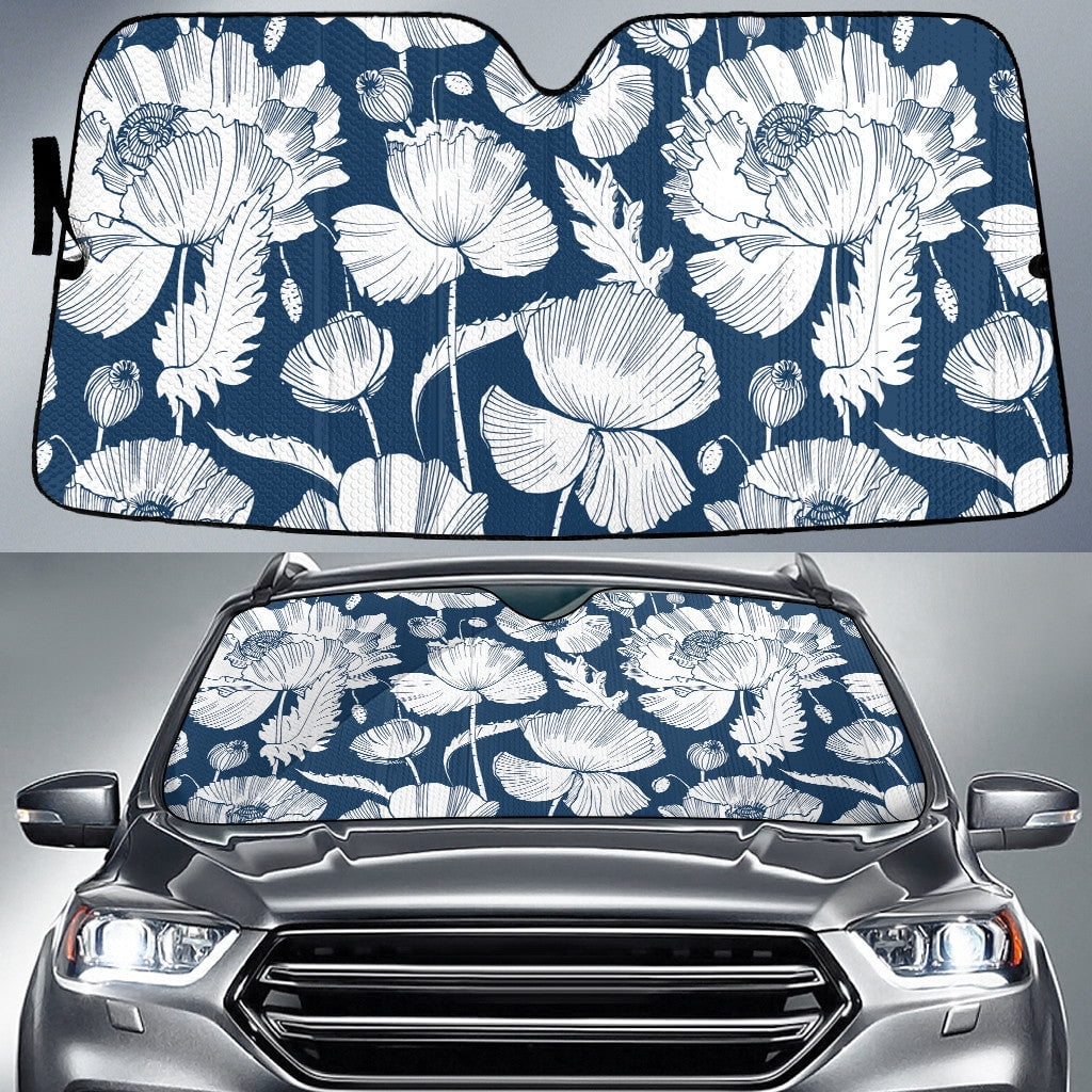 White Lotus Flower And Its Buds Navy Theme Car Sun Shades Cover Auto ...