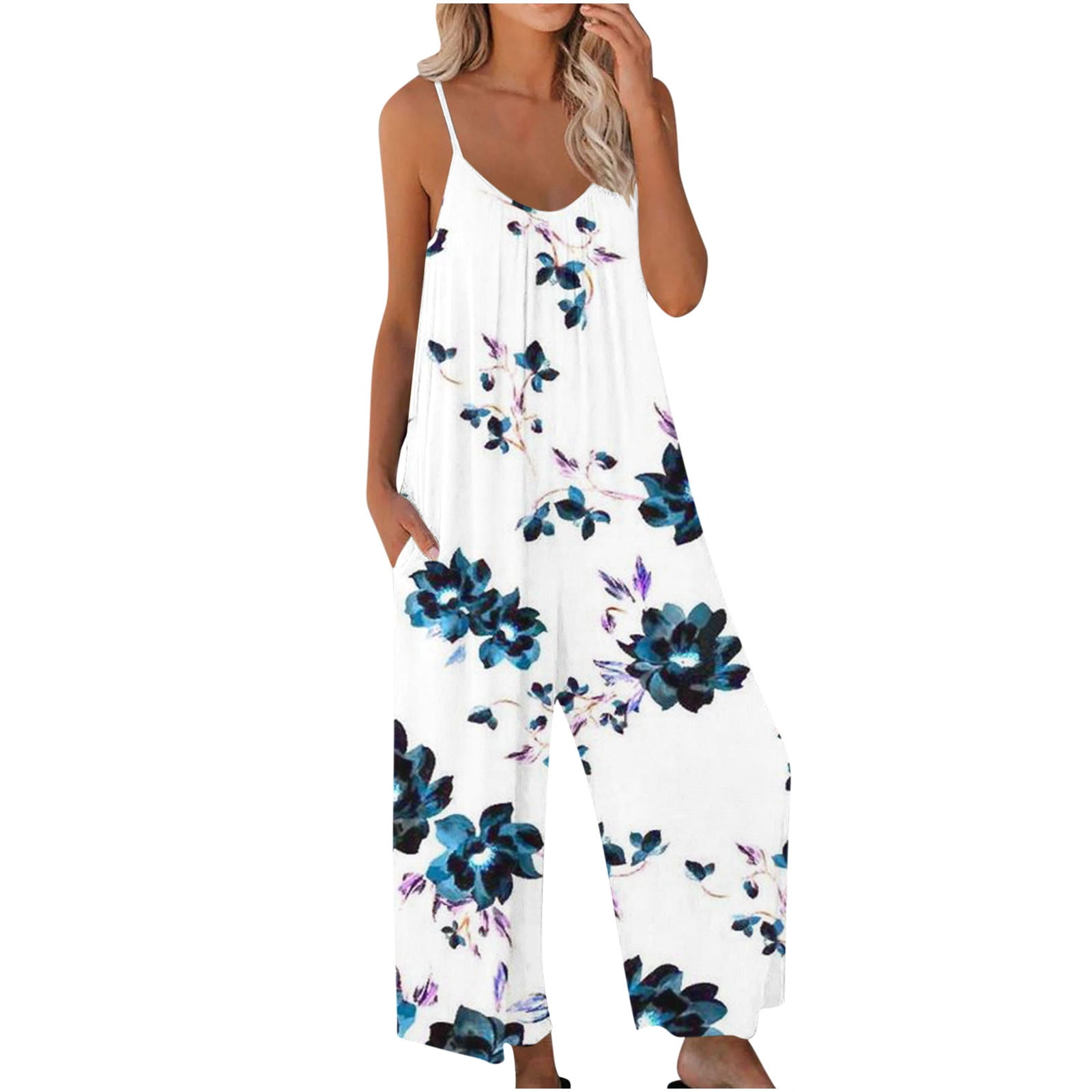 White Lounge Coveralls for Women Fall Summer Floral Graphic Loose Fit ...