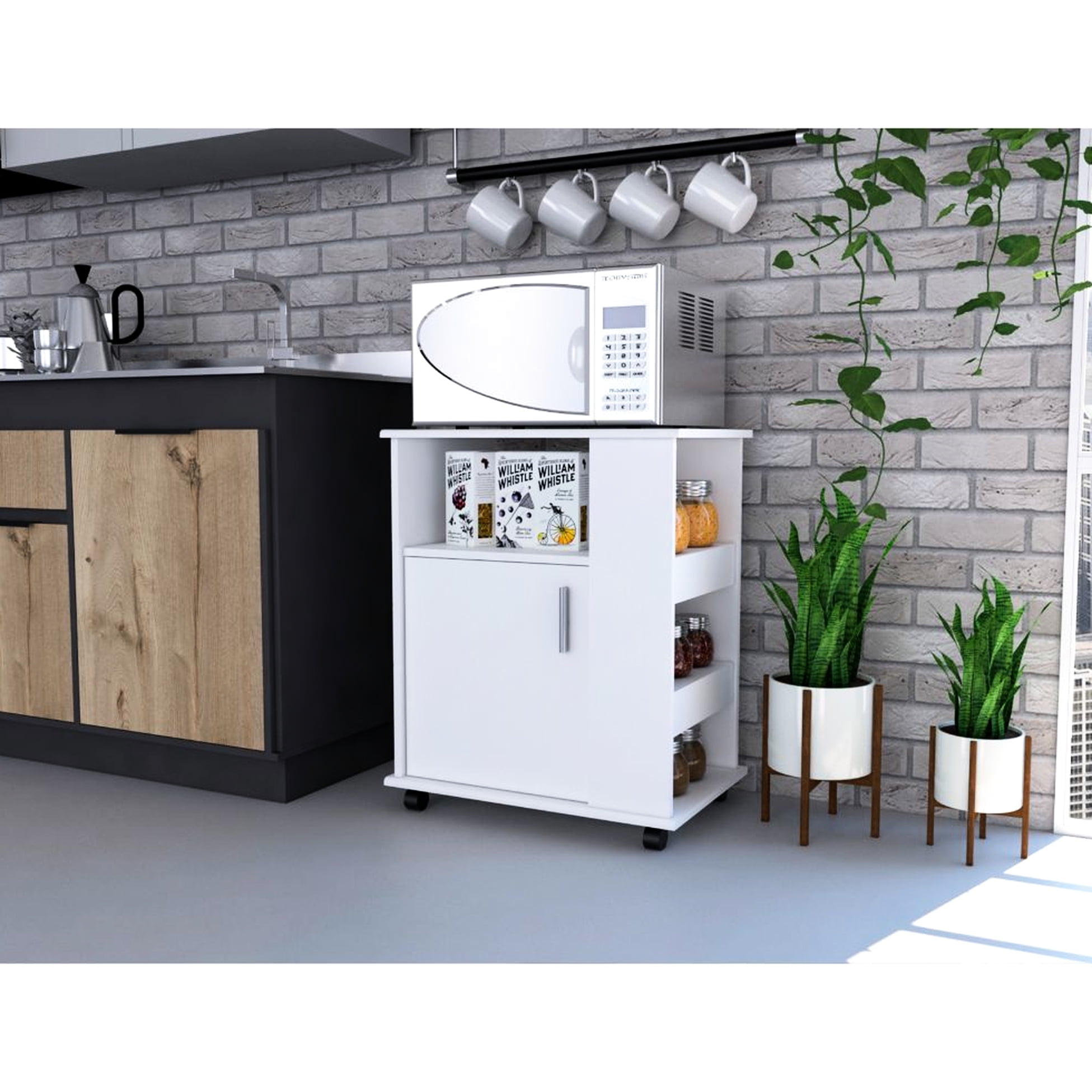 White Lower Microwave Pantry With One Open Shelf & Side Storage For ...