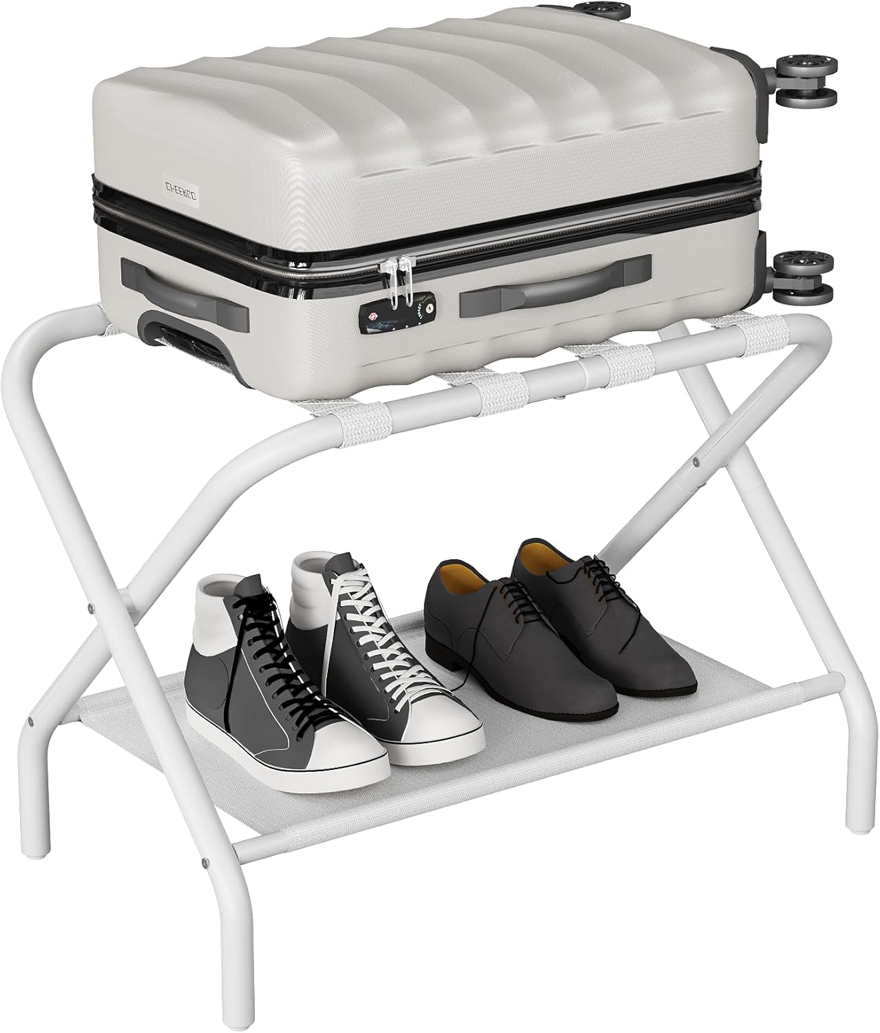 White Luggage Rack, Foldable Suitcase Stand with Fabric Storage Shelf ...
