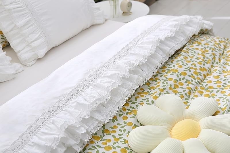 White Luxury Elegant Lace Bed Flat Sheet with Ruffles Bed Top Sheet ...