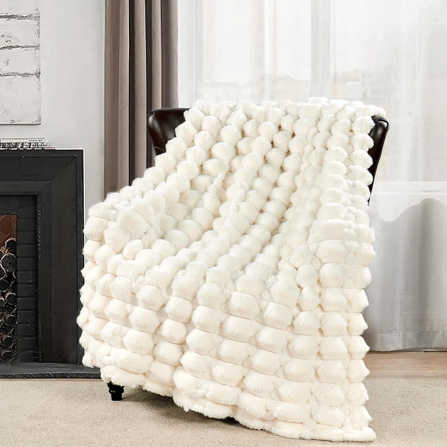 White Luxury Thick Faux Fur Throw Blanket, 815GSM Elastic Bubble ...