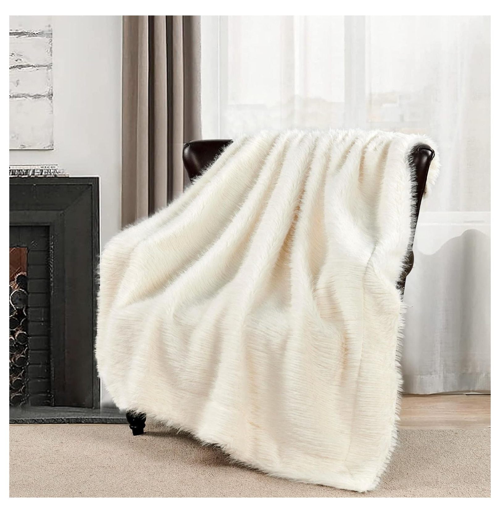 White Luxury Thick Warm Faux Fur Throw Blanket, 530GSM Long Pile Shaggy ...