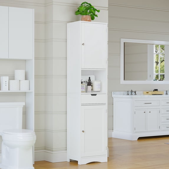 White MDF Bathroom Cabinet - 67.00 in Tall with 2 Doors & 1 Drawer for ...