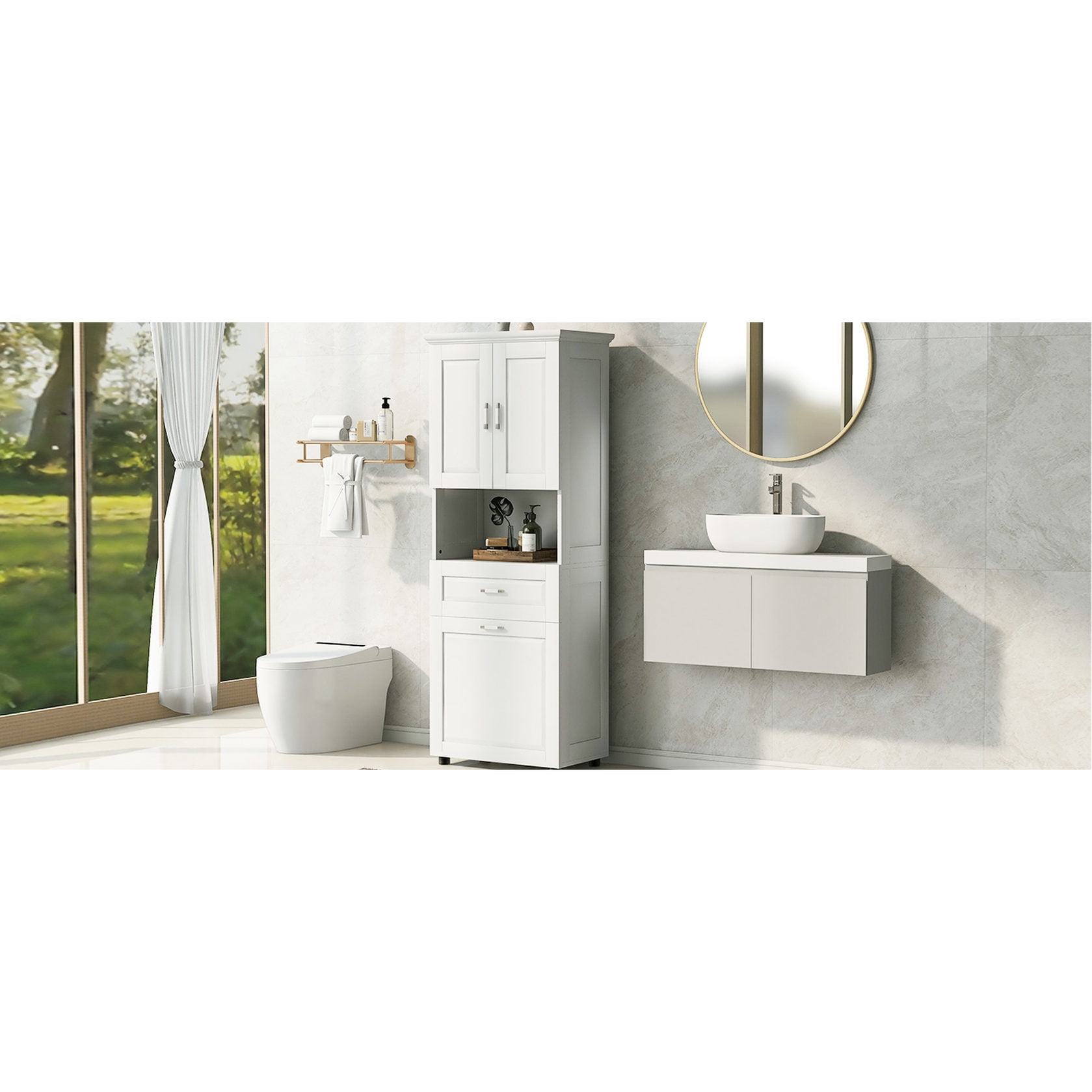White MDF Bathroom Cabinet with Tilt-Out Hamper and Adjustable Shelf ...