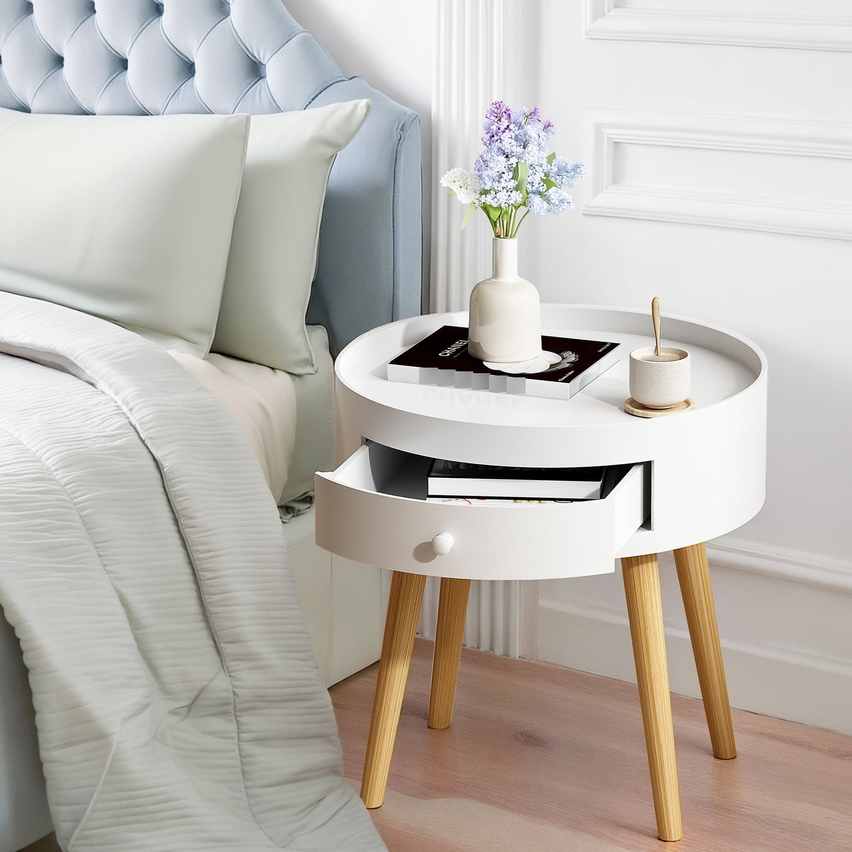 White MDF Bedside Table - Organize Small Accessories - Next to Bed ...