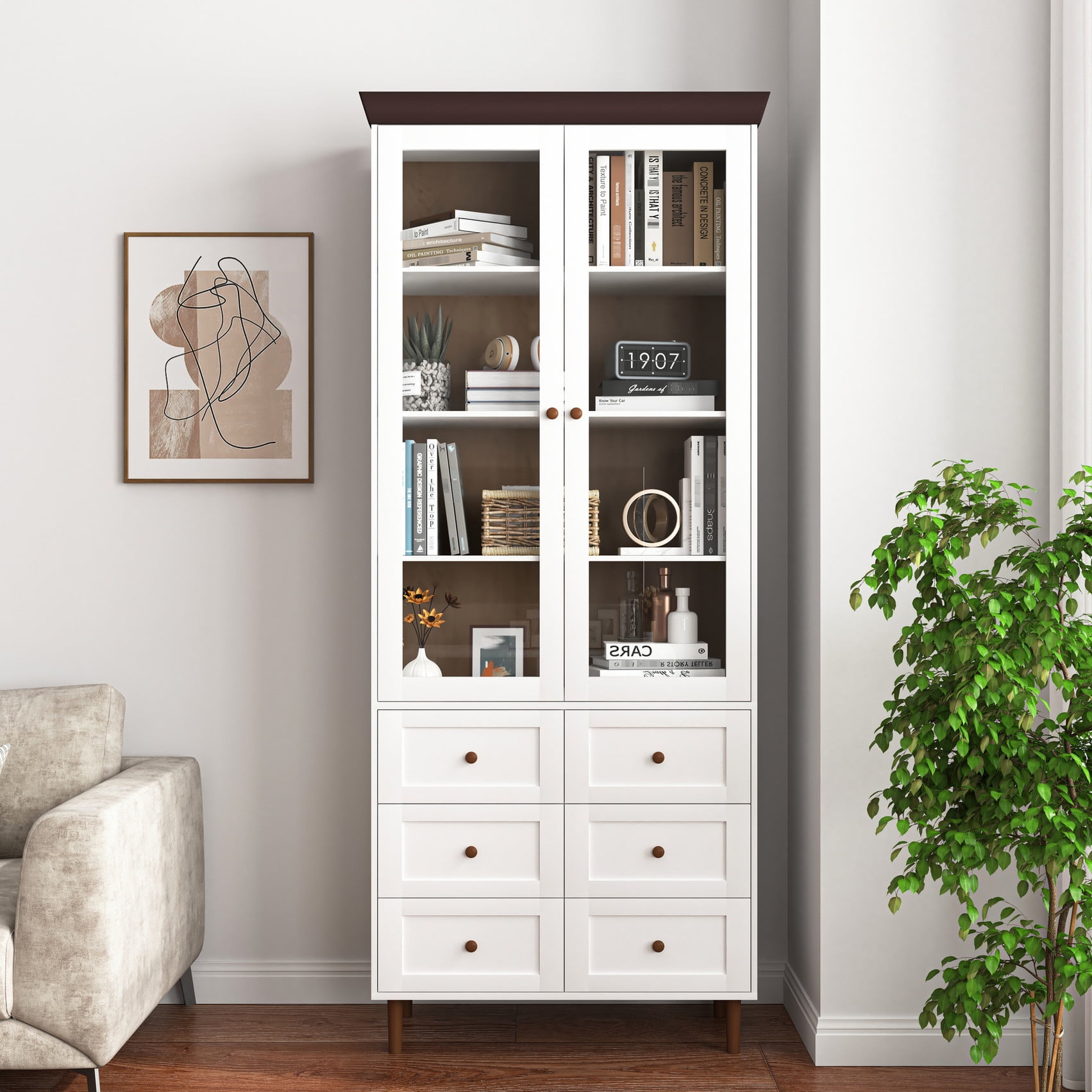 White MDF Cabinet with Glass Doors / Customizable Storage for Various ...