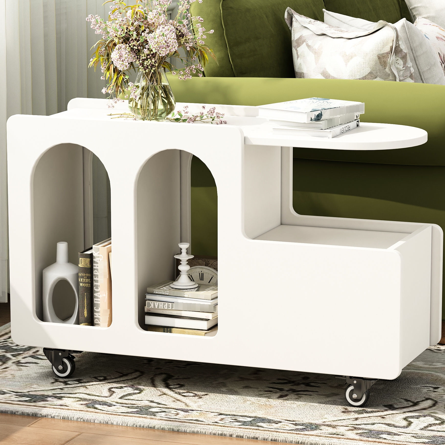 White MDF End Table with Raised Edge and Divided Storage - Fits Any ...