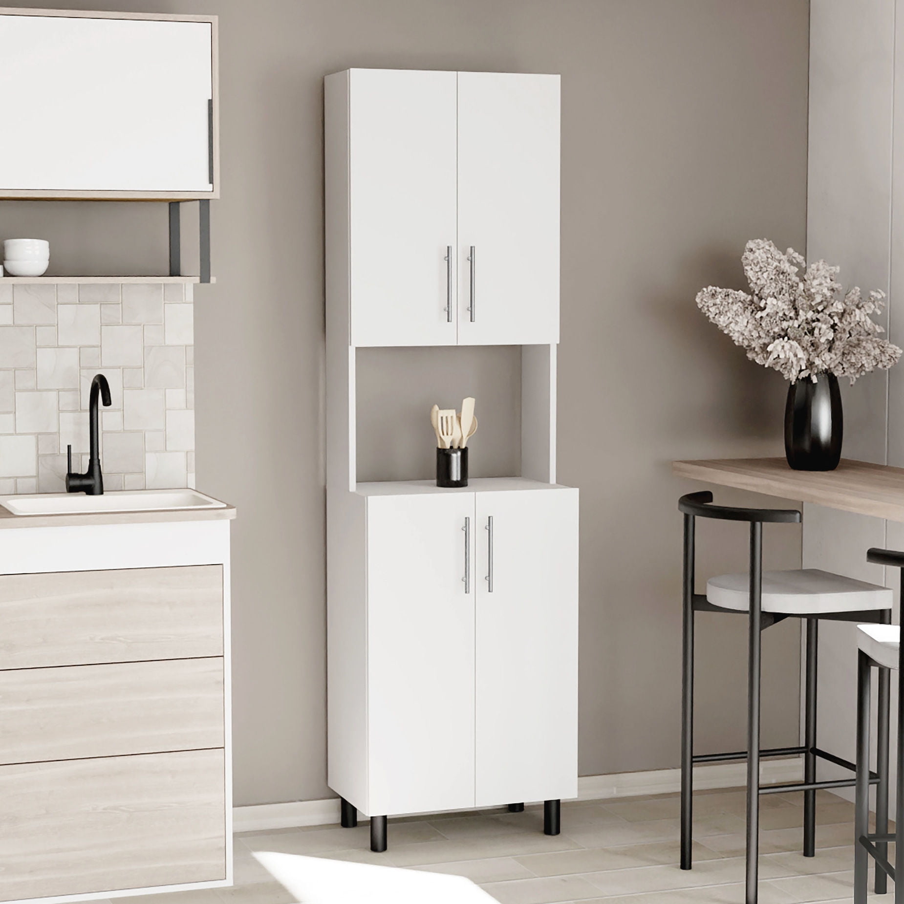 White MDF Modern Kitchen Pantry with Two Double - Door Cabinets, Five ...