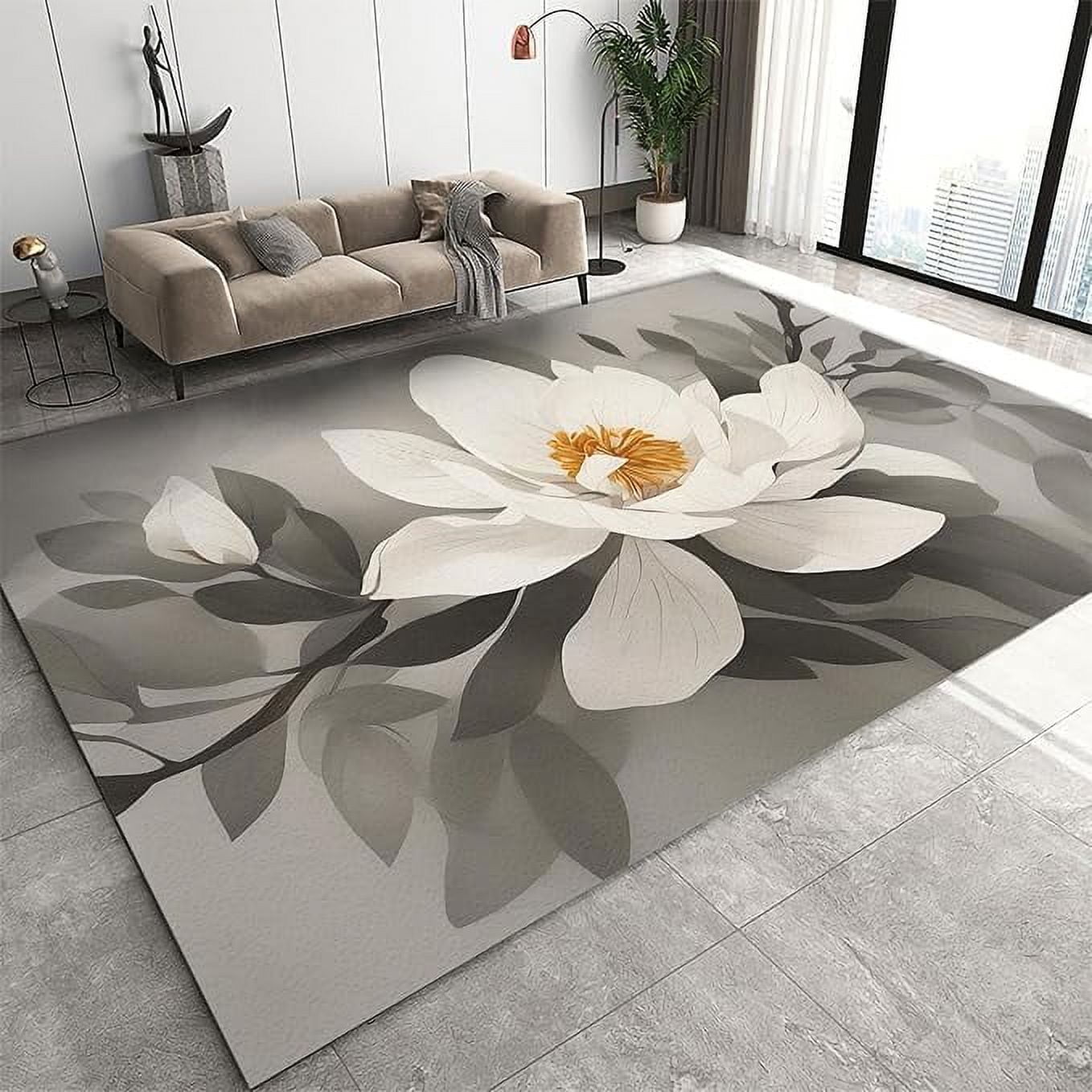 White Magnolia Flower Area Rug, European Style Watercolor Magnolia ...