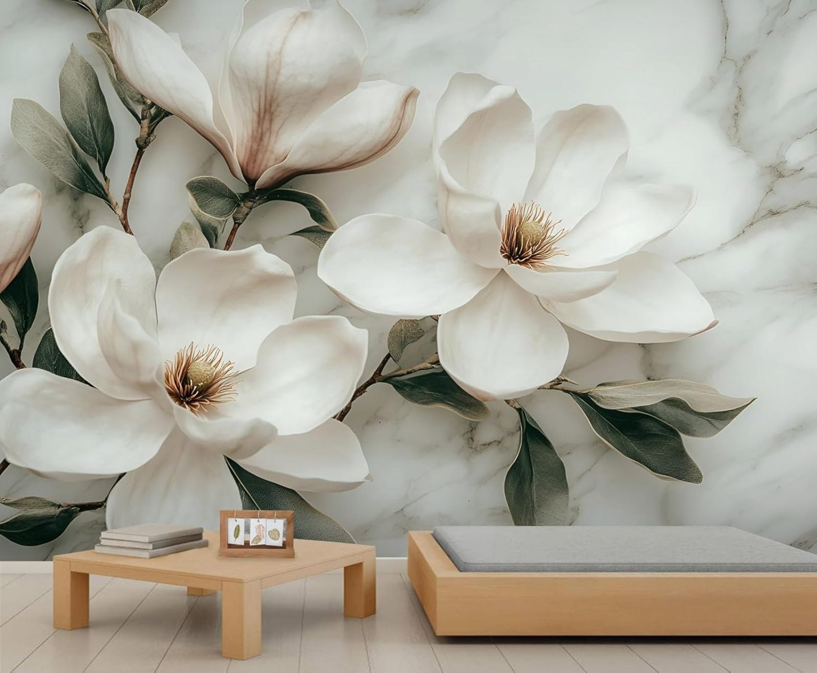 White Magnolia Flower Wall Mural, Vintage Floral Art Mural Wallpaper ...