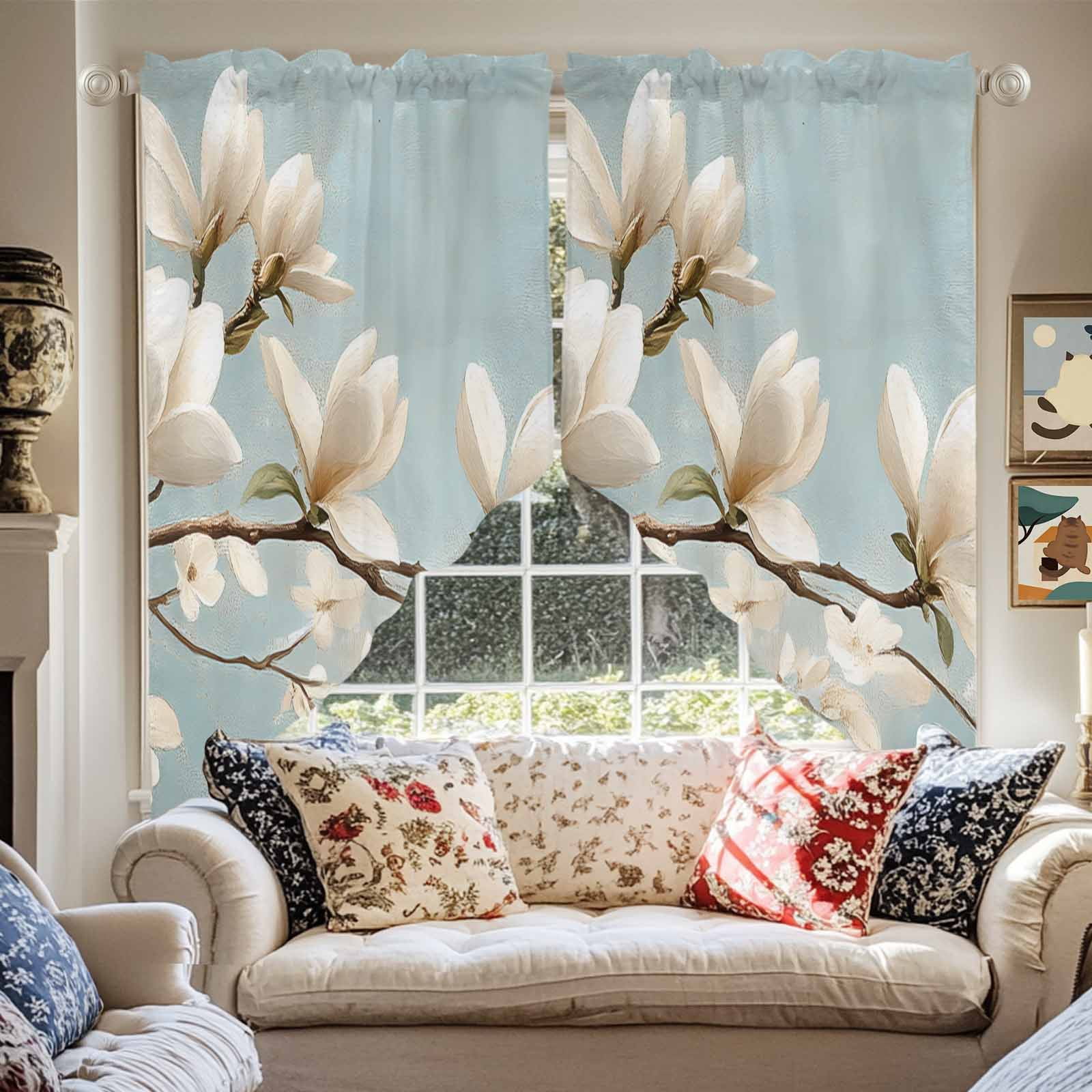 White Magnolia Swag Curtain Valance for Windows, Plant Flowers Window ...