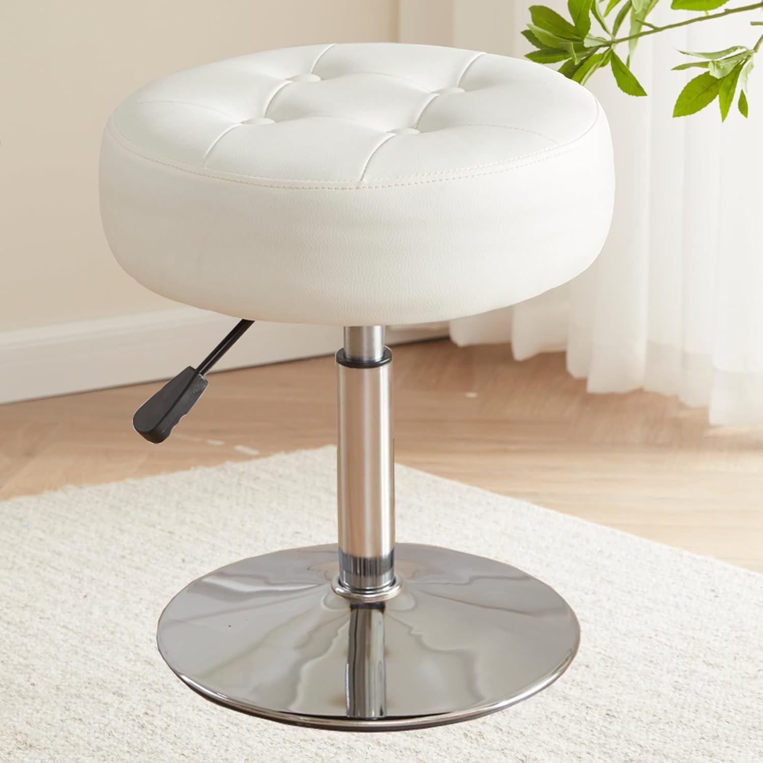 White Makeup Stool with Round Ottoman: Tufted PU Leather Vanity Chair ...