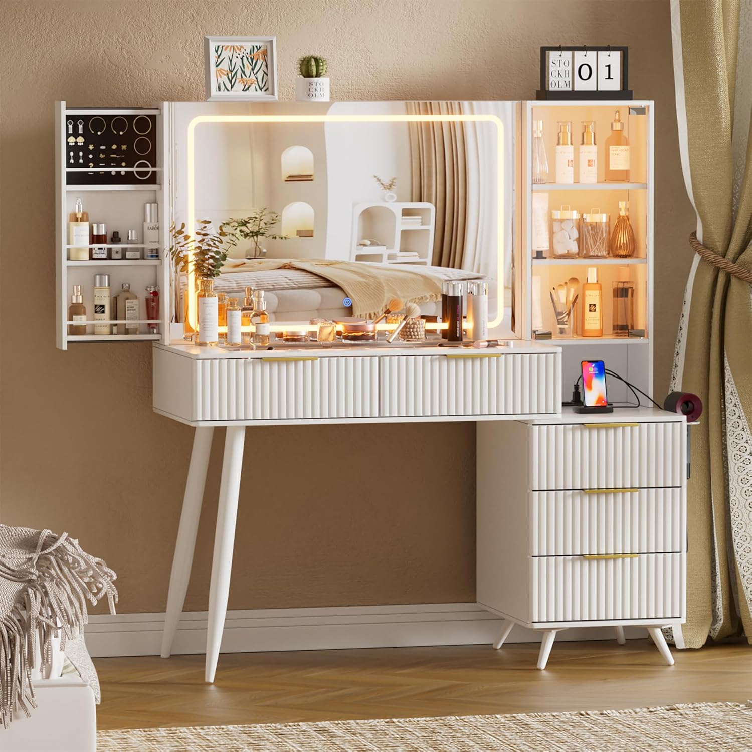 White Makeup Vanity Desk with Lighted Mirror & Power Outlet,3 Color ...