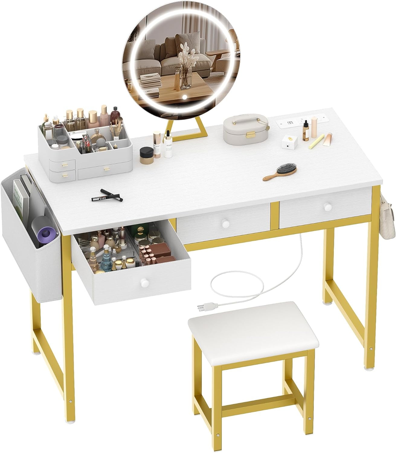 White Makeup Vanity Desk with Lights - 40“ Vanitys with Lighted Mirror ...