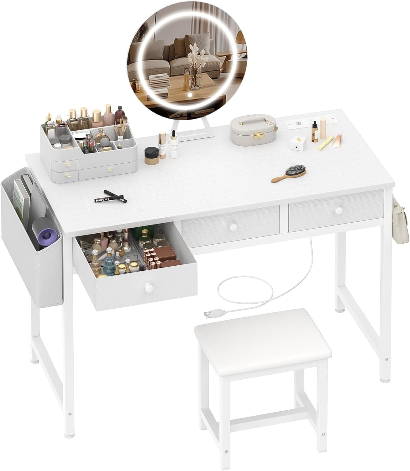 White Makeup Vanity Desk with Lights - 40“ Vanitys with Lighted Mirror ...