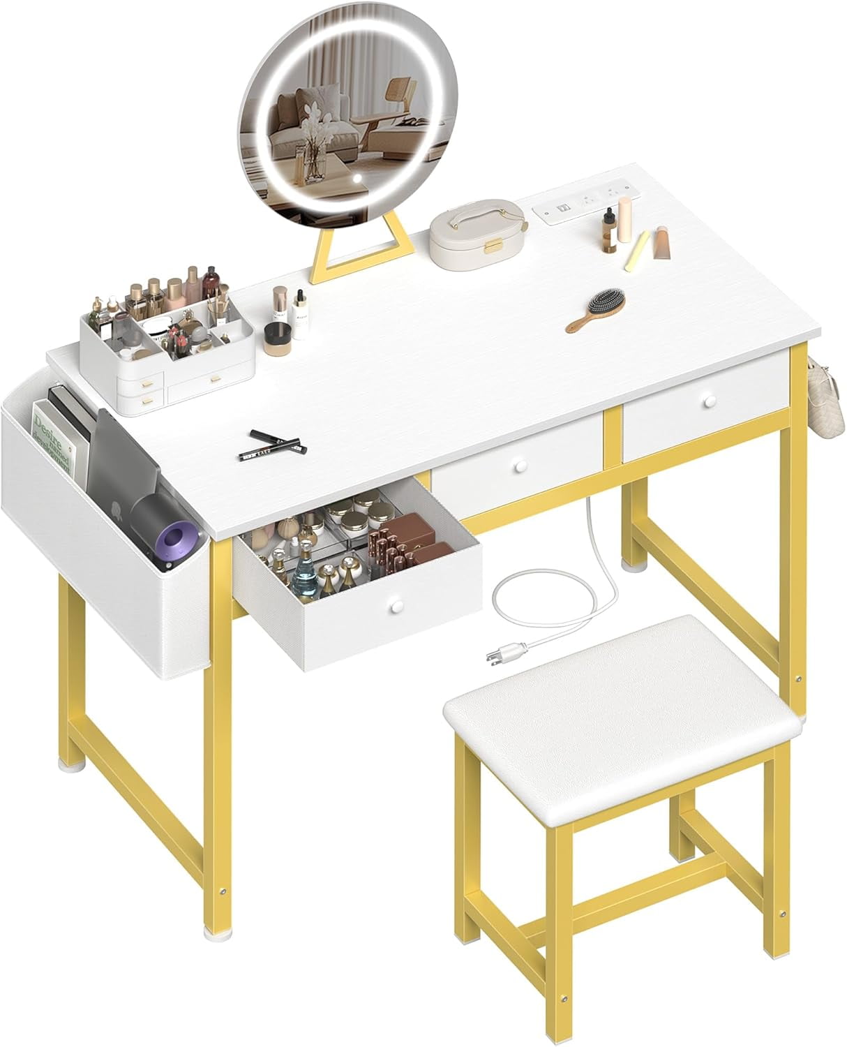 White Makeup Vanity Desk with Lights - 47“ Vanity with Lighted Mirror ...