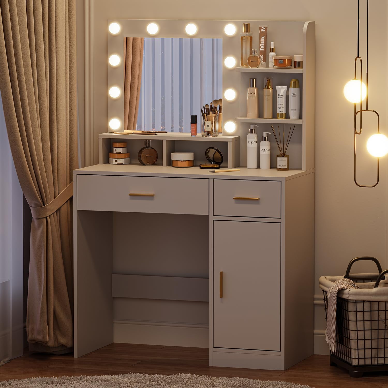 White Makeup Vanity Desk, Vanity Table with Mirror & Lights, 35" W ...