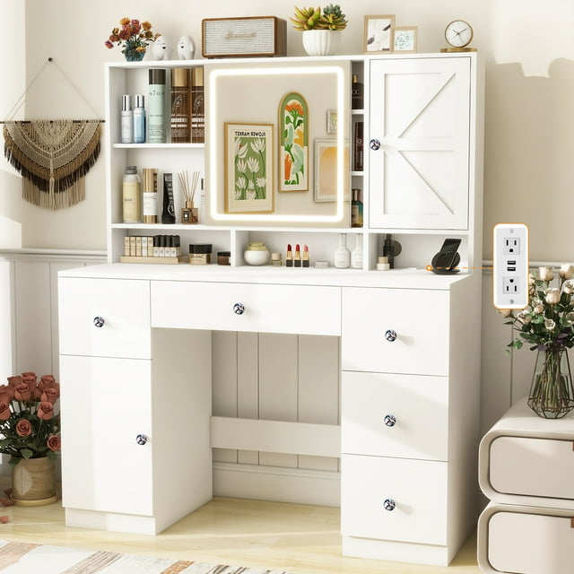 White Makeup Vanity Desk with Sliding Lighted Mirror with 5 Drawers ...