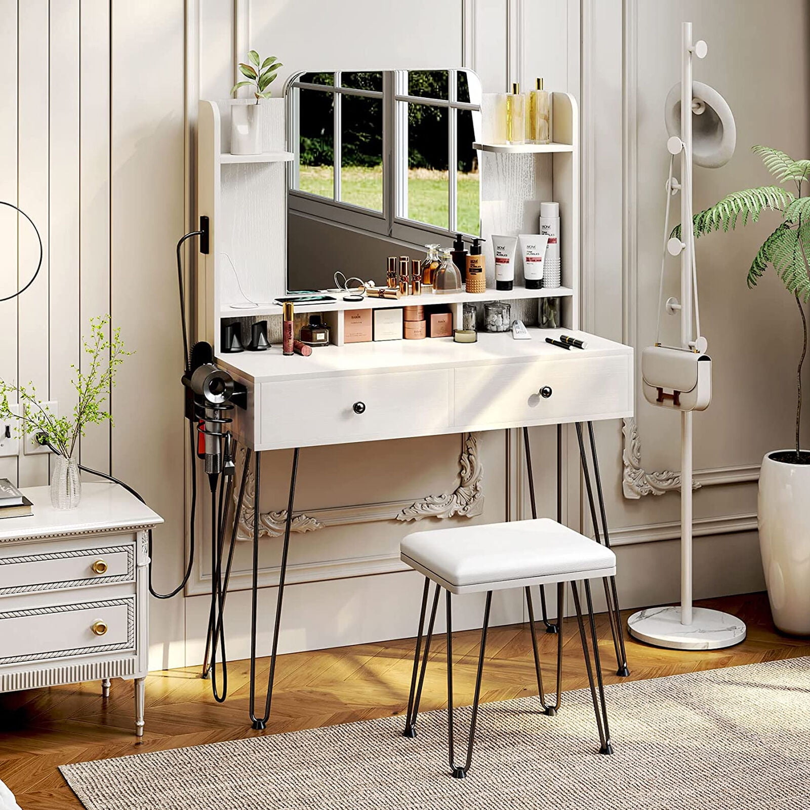 White Makeup Vanity Dressing Table Set with Mirror Bedroom Make Up Desk ...